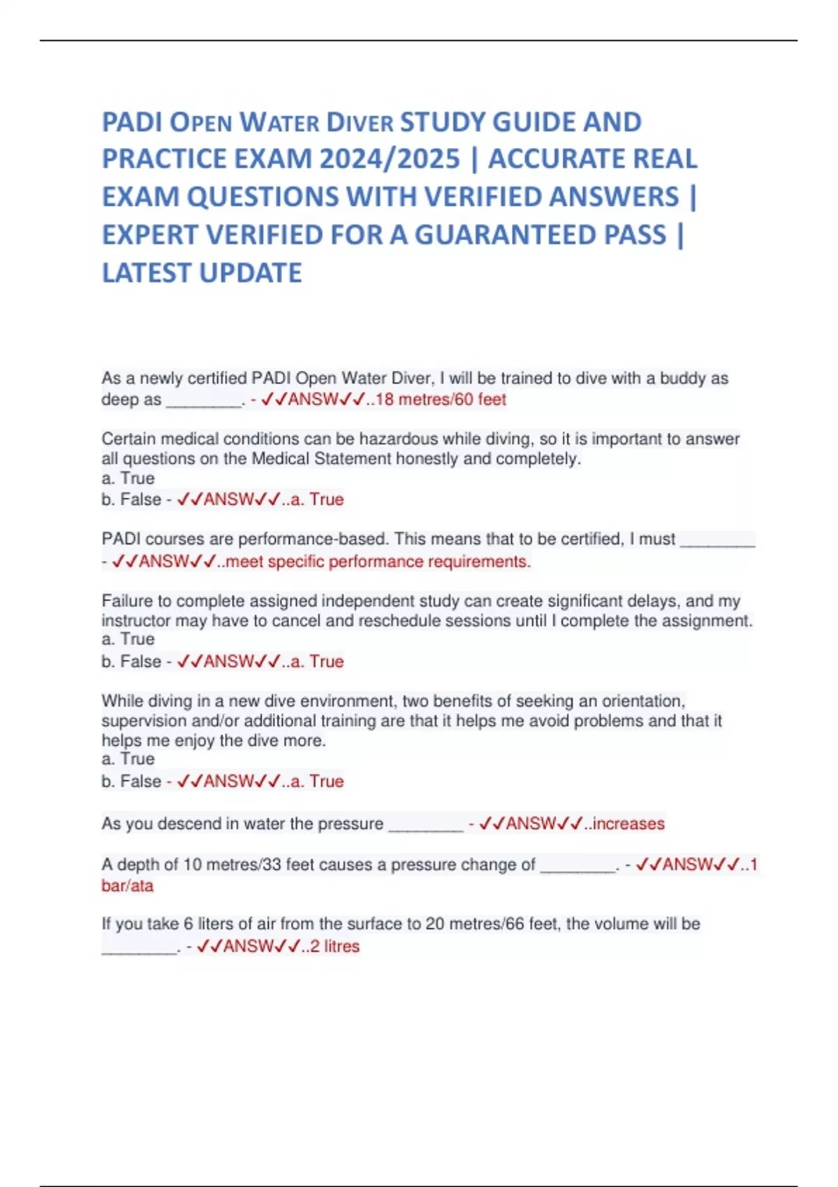 PADI OPEN WATER DIVER STUDY GUIDE AND PRACTICE EXAM 2024/2025 ...