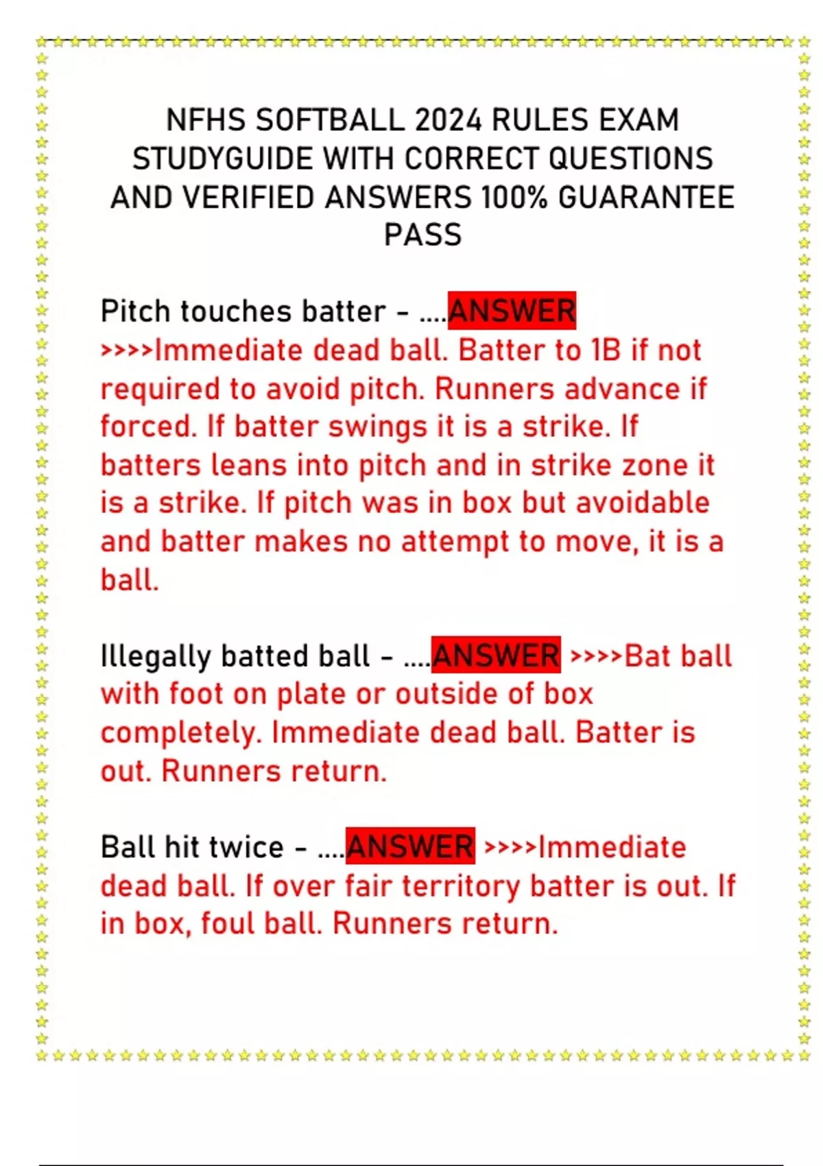 NFHS SOFTBALL 2024 RULES EXAM STUDYGUIDE WITH CORRECT QUESTIONS AND VERIFIED ANSWERS 100% ...