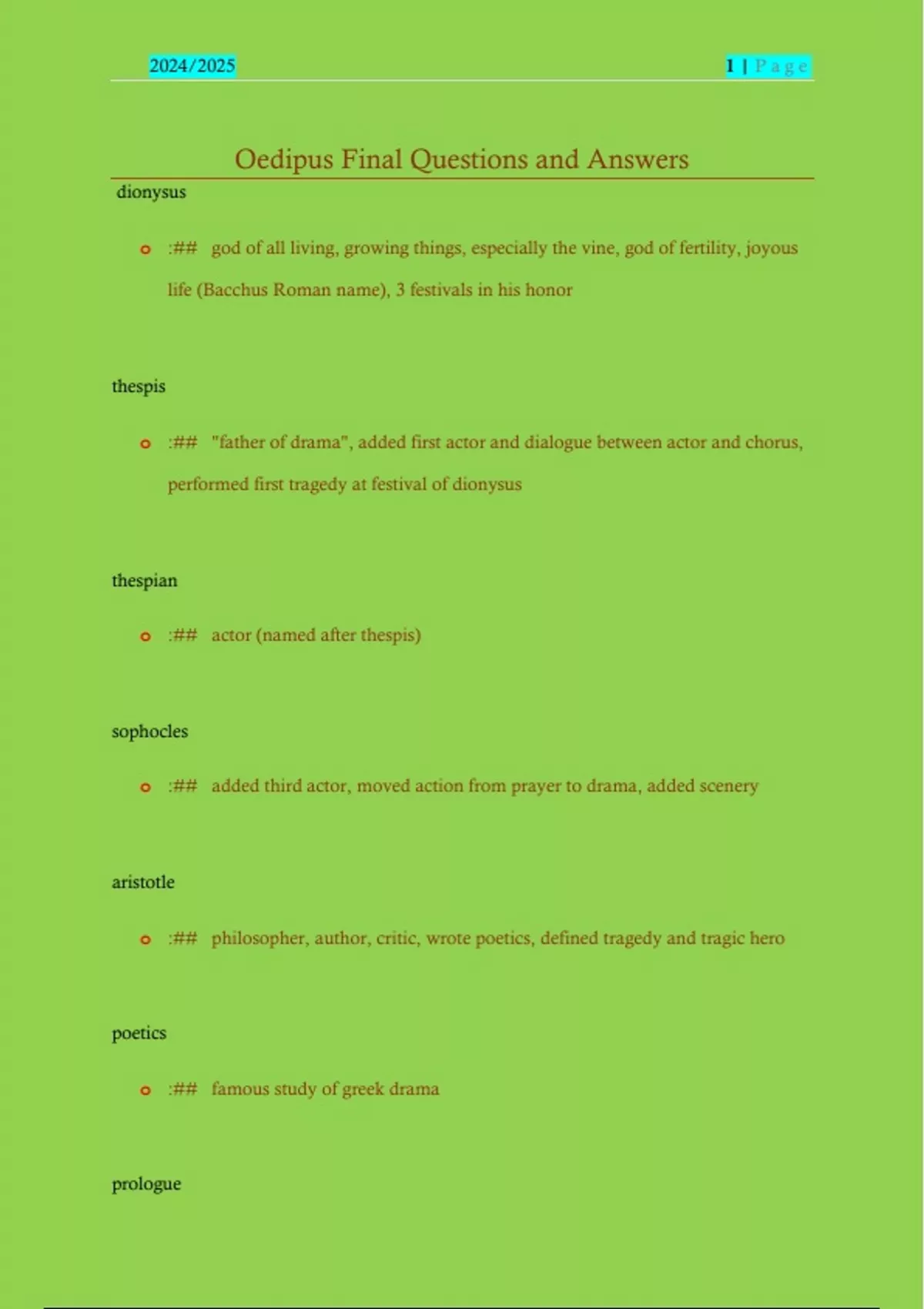 Oedipus Final Questions and Answers - Oedipus - Stuvia US