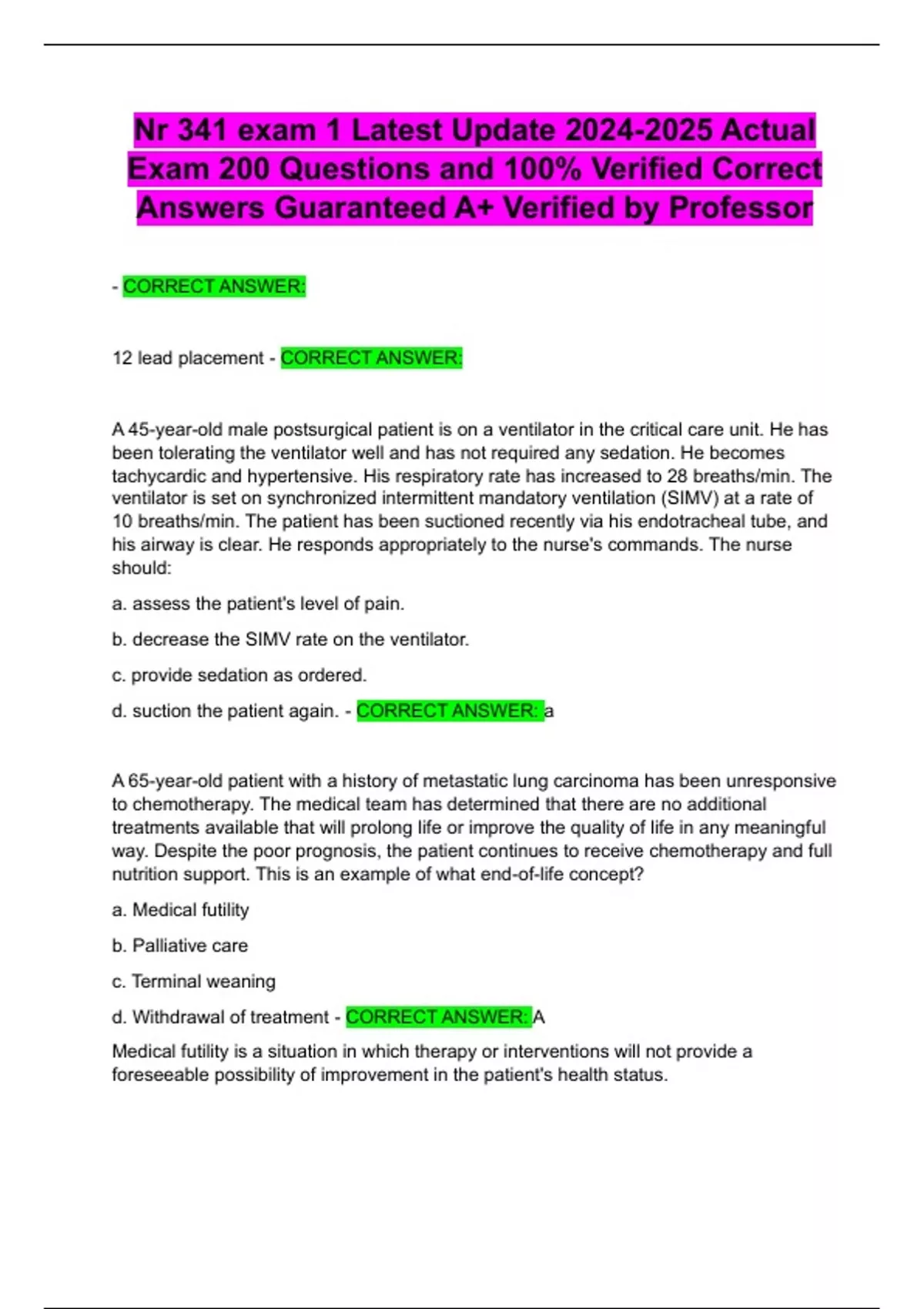 Nr 341 exam 1 Latest Update Actual Exam 200 Questions and 100% Verified ...