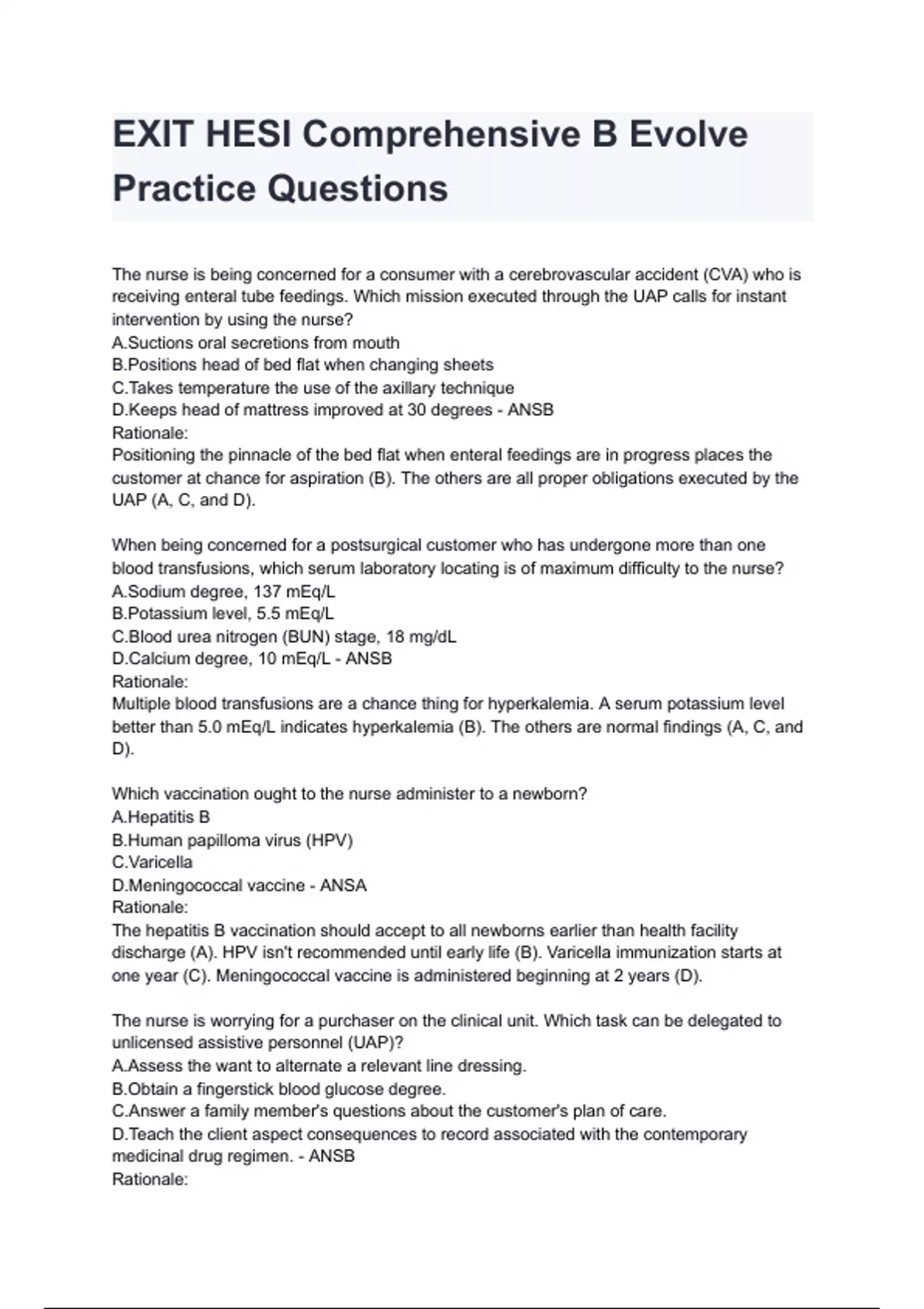 EXIT HESI Comprehensive B Evolve Practice QUESTIONS, ANSWERS ...