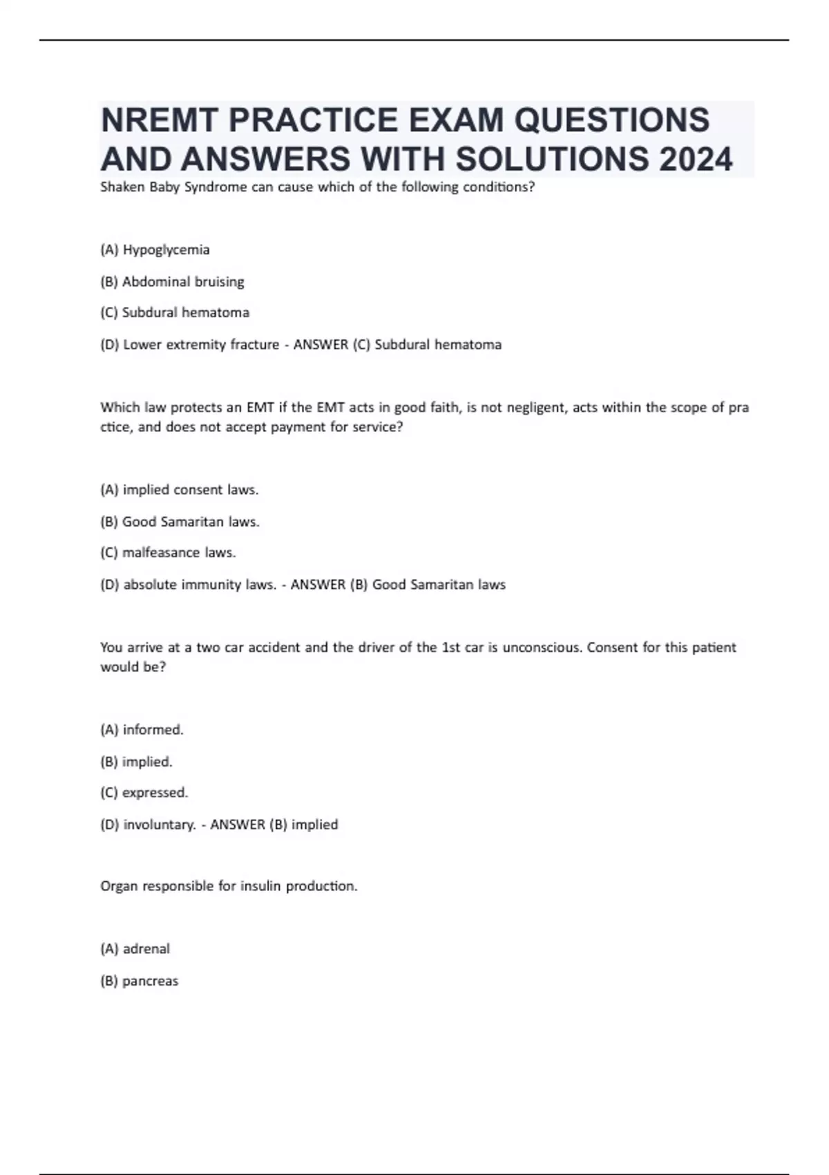 NREMT PRACTICE EXAM QUESTIONS AND ANSWERS WITH SOLUTIONS 2024 - EMT-B ...