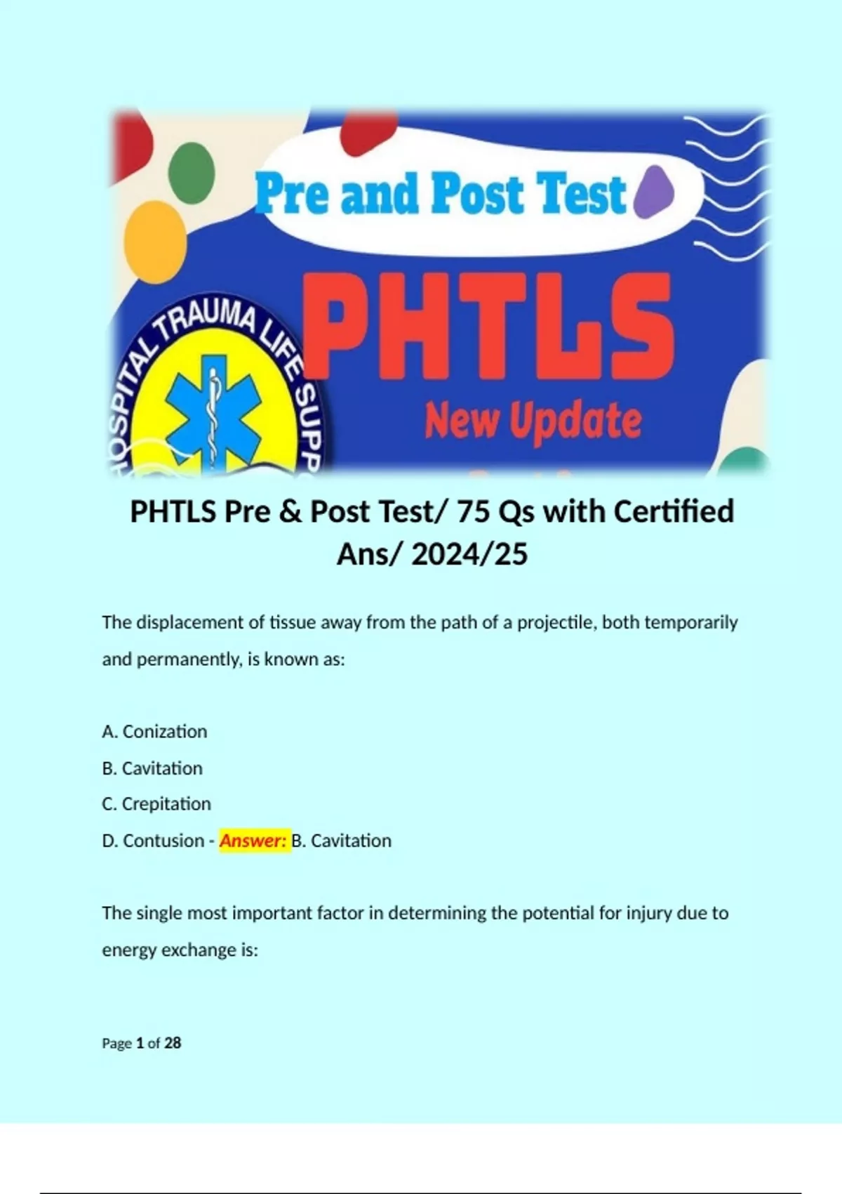 PHTLS Pre & Post Test/ PHTLS - Post Test, & More in One Bundle. - Stuvia UK