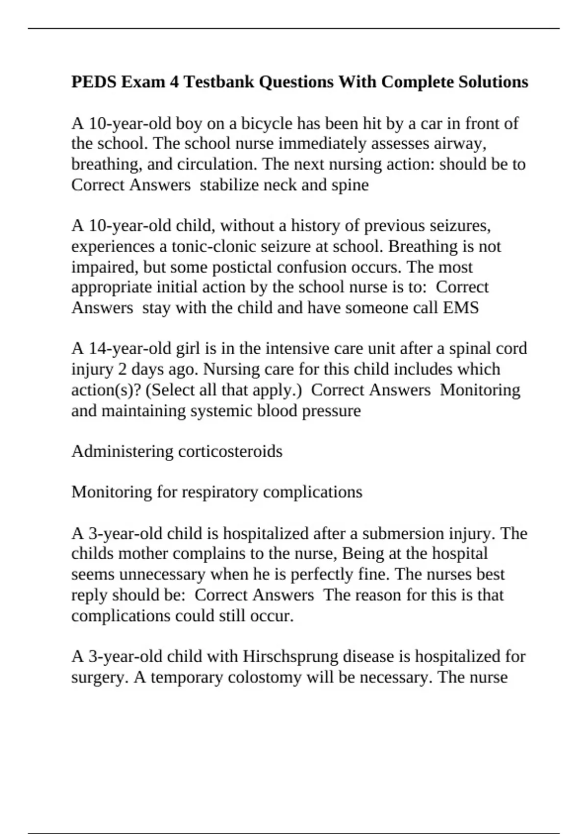 PEDS Exam 4 Testbank Questions With Complete Solutions. - Nursing peds ...