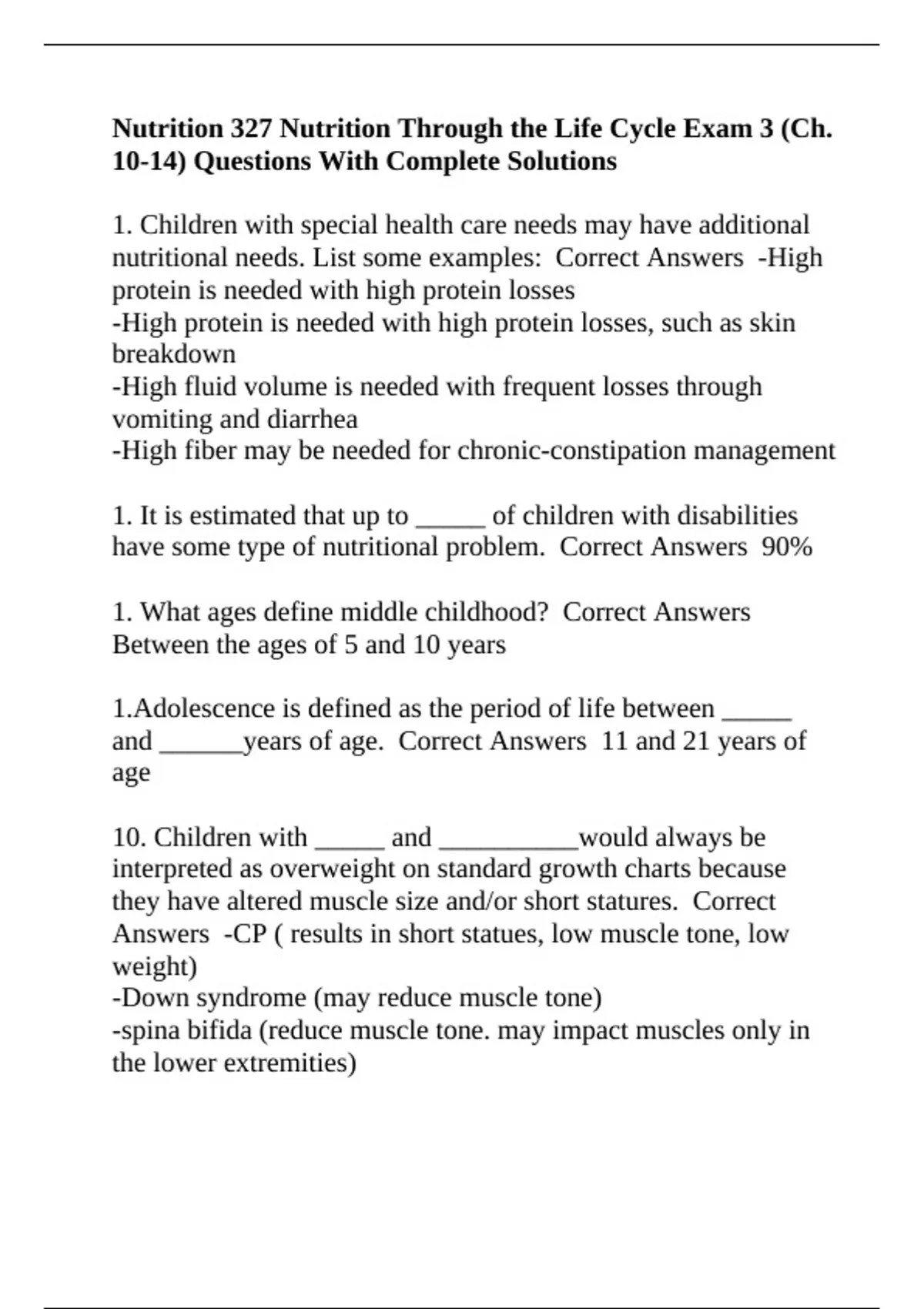 Nutrition 327 Nutrition Through the Life Cycle Exam 3 (Ch. 10-14 ...