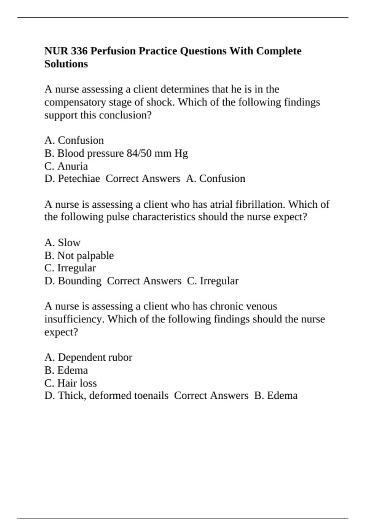 NUR 336 Perfusion Practice Questions With Complete Solutions - NUR 336 ...