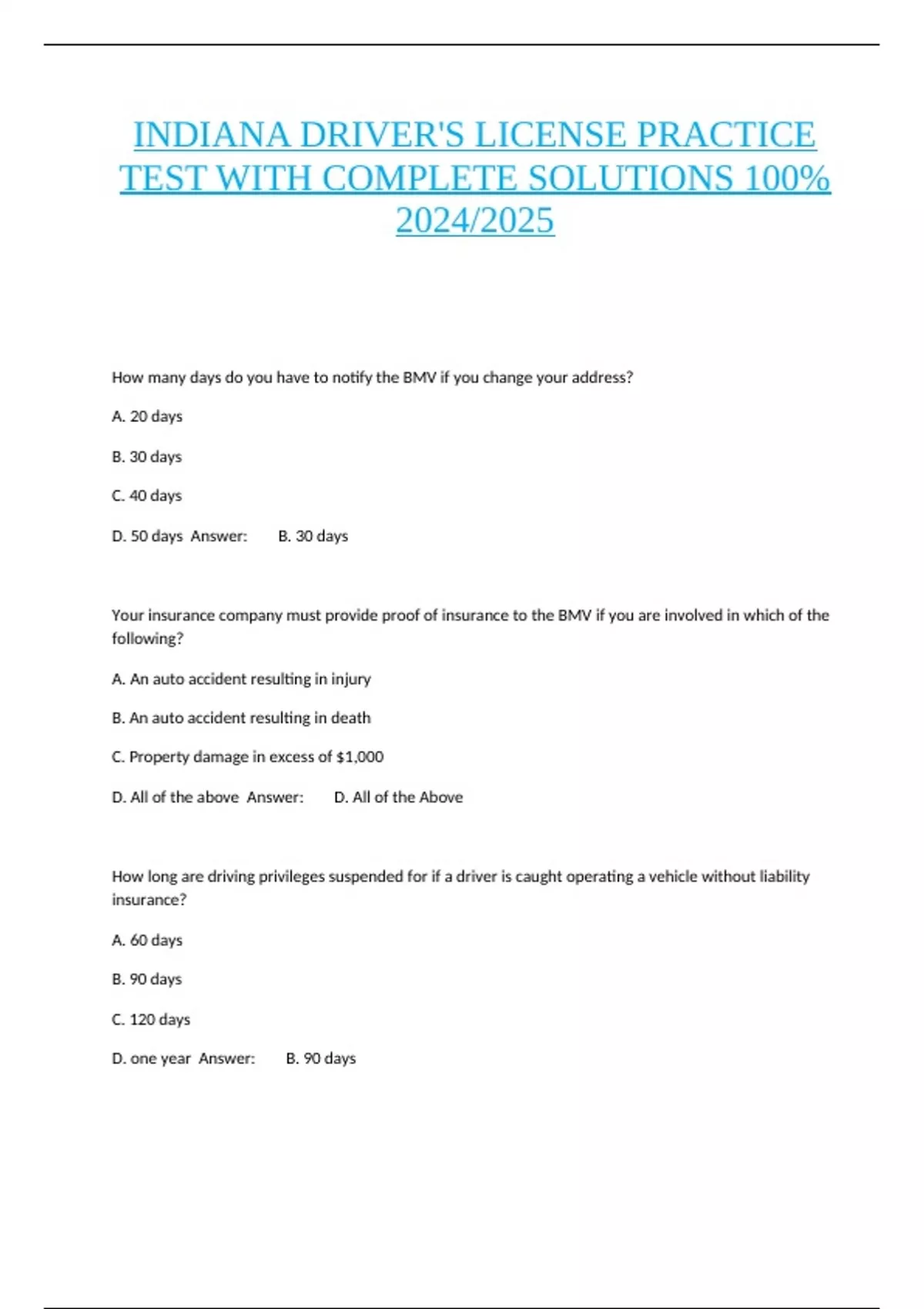 INDIANA DRIVER'S LICENSE PRACTICE TEST WITH COMPLETE SOLUTIONS 100% ...