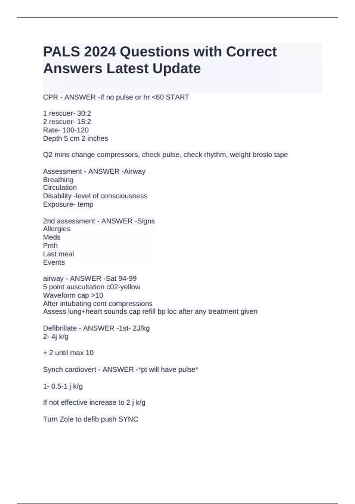 PALS 2024 Questions with Correct Answers Latest Update - PALS 2024 ...