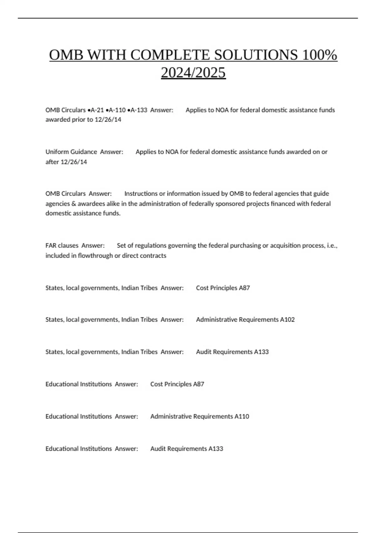 OMB WITH COMPLETE SOLUTIONS 100% 2024/2025 - OMB - Stuvia US