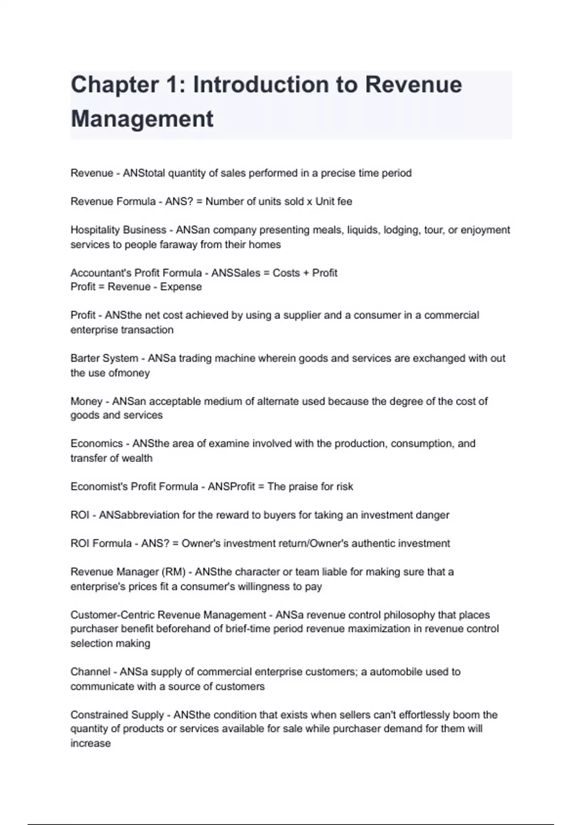 Chapter 1: Introduction to Revenue Management QUESTIONS, ANSWERS ...
