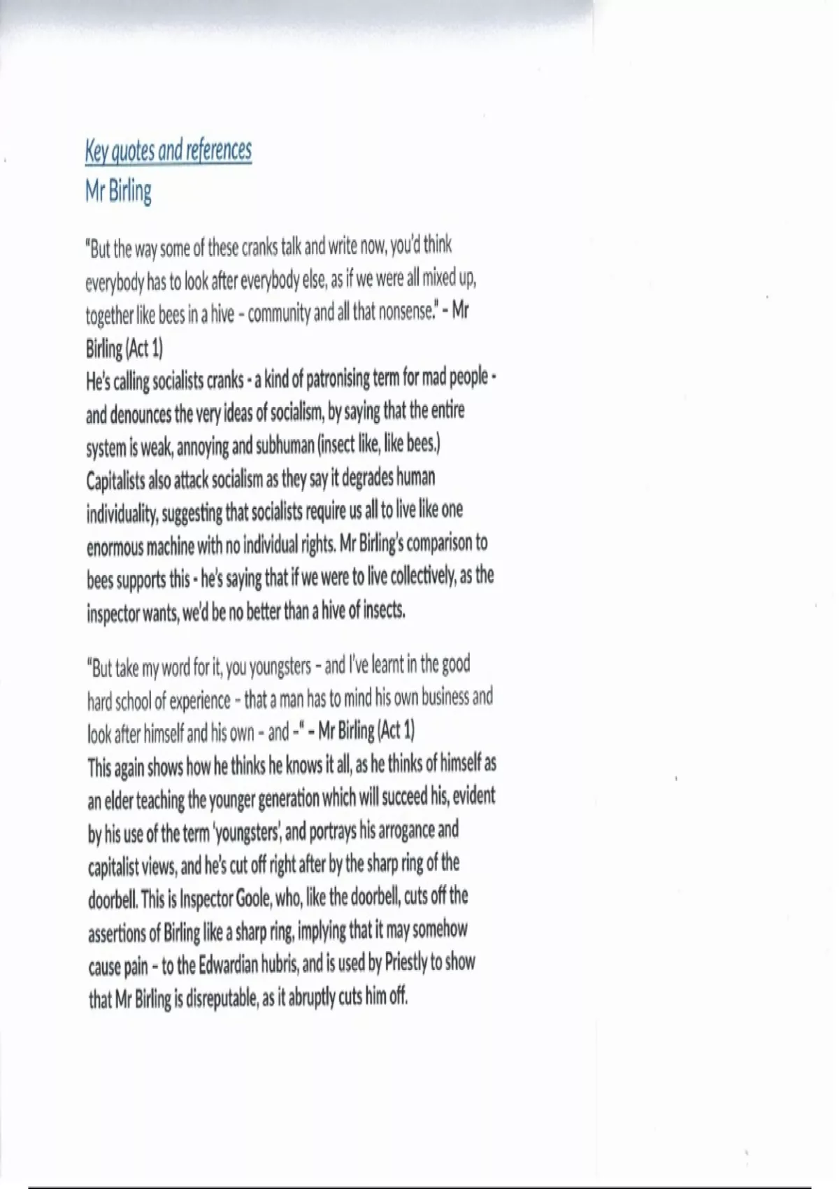 Summary An Inspector Calls Mr Birling notes - English - Stuvia UK