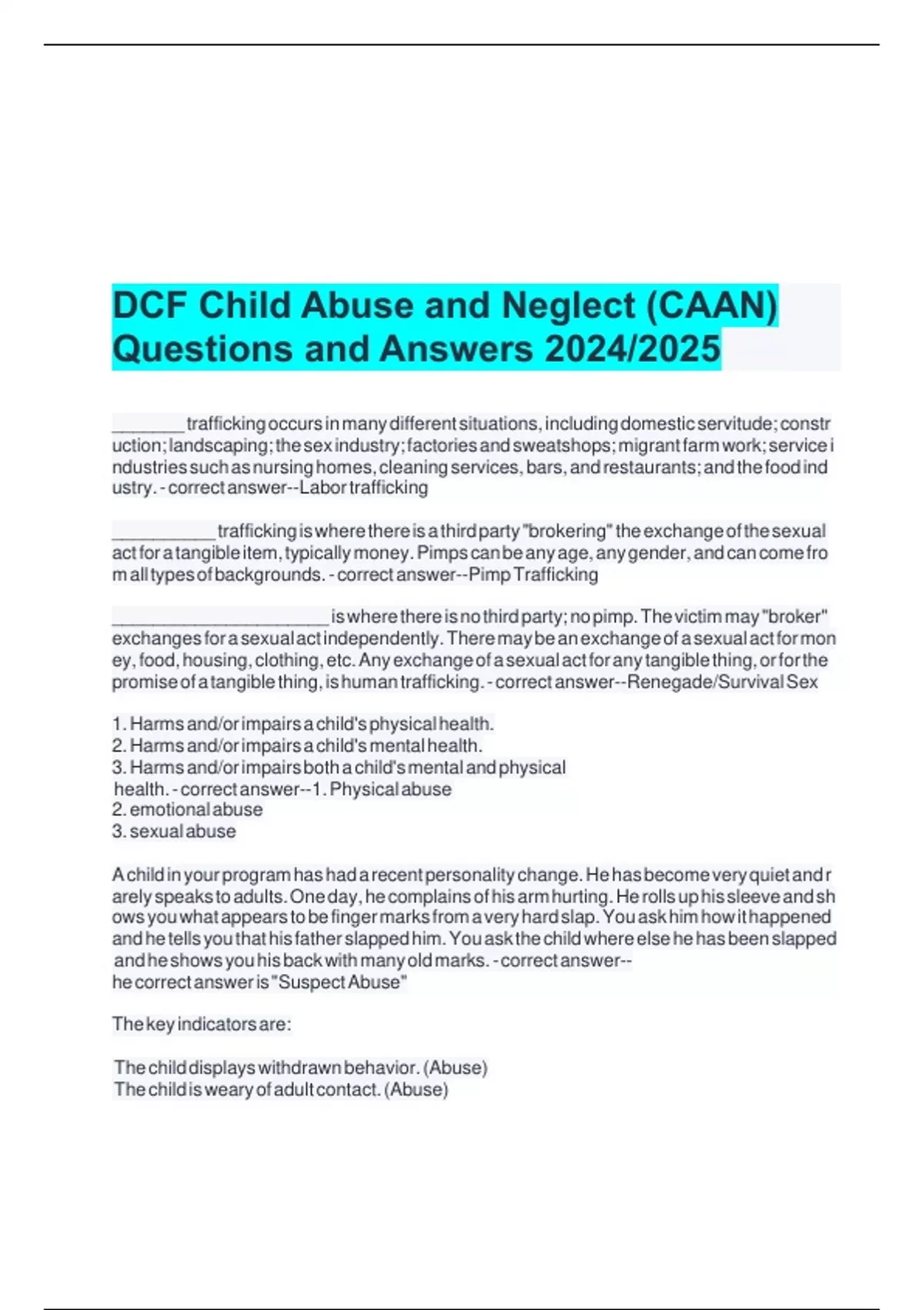DCF Child Abuse and Neglect (CAAN) Questions and Answers 2024/2025 ...
