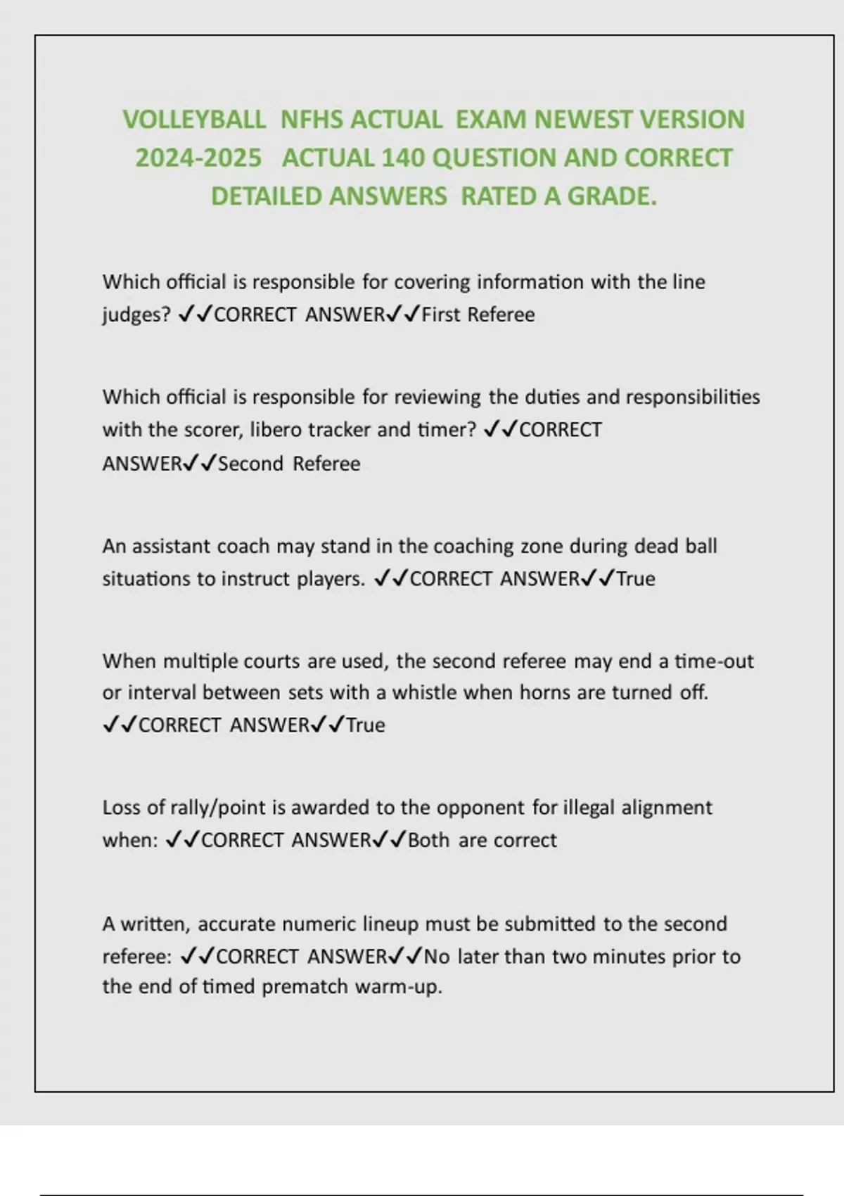 VOLLEYBALL NFHS ACTUAL EXAM NEWEST VERSION ACTUAL 140 QUESTION AND ...