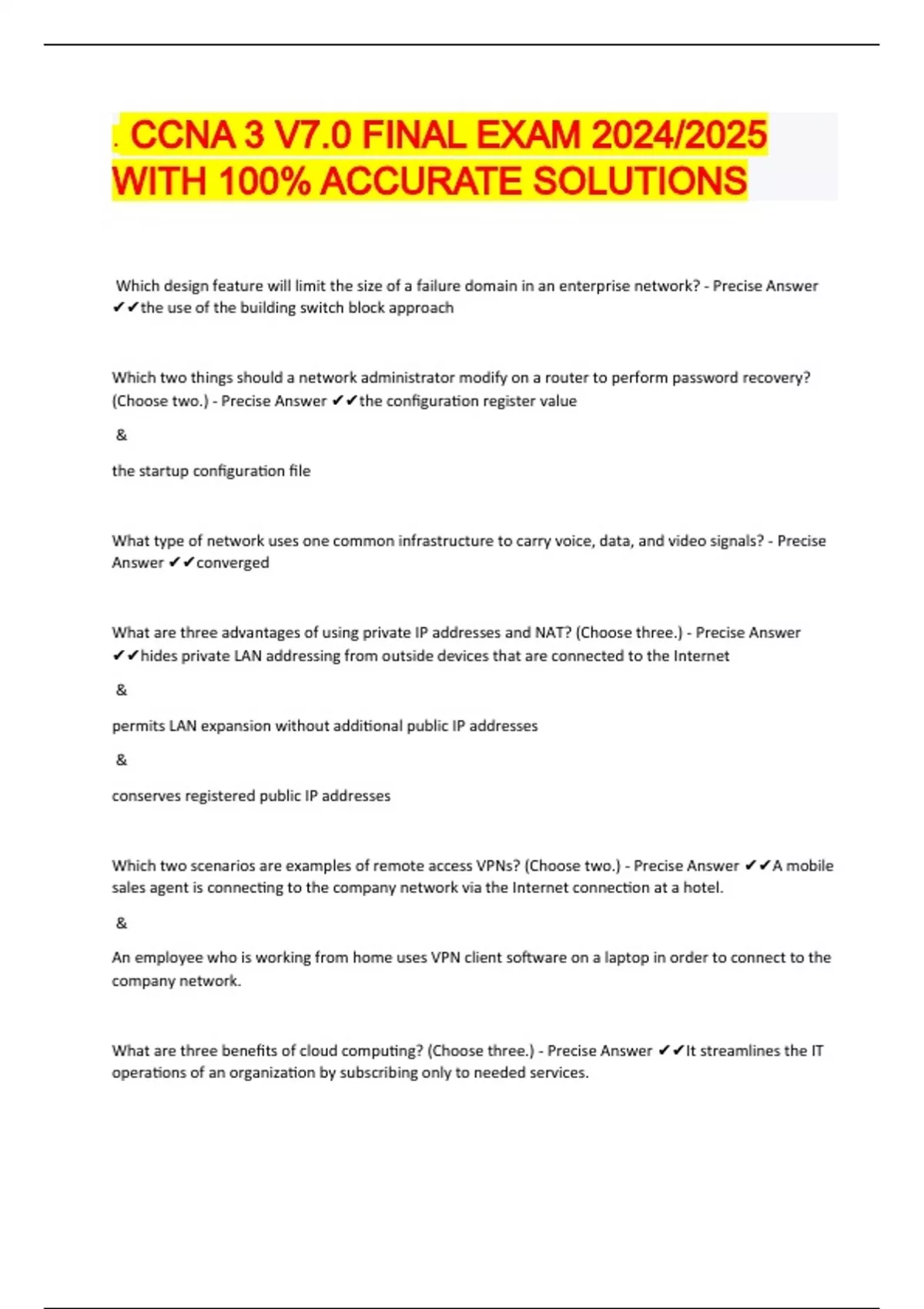 . CCNA 3 V7.0 FINAL EXAM 2024/2025 WITH 100% ACCURATE SOLUTIONS - . CCNA 3 V7.0 - Stuvia US