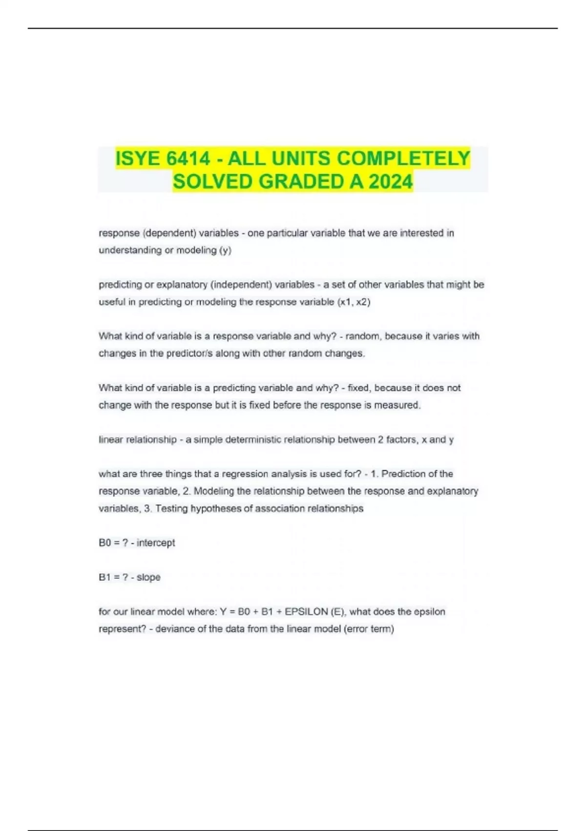 ISYE 6414 - ALL UNITS COMPLETELY SOLVED GRADED A 2024 - ISYE 6414 - Stuvia US