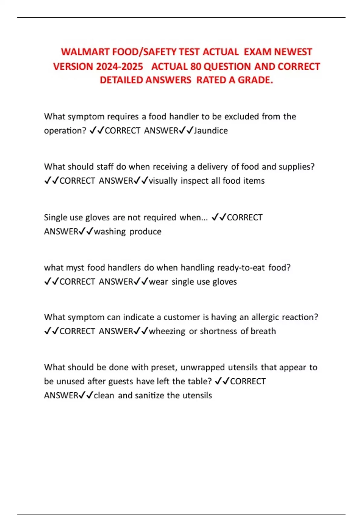 WALMART FOOD/SAFETY TEST ACTUAL EXAM NEWEST VERSION ACTUAL 80 QUESTION ...