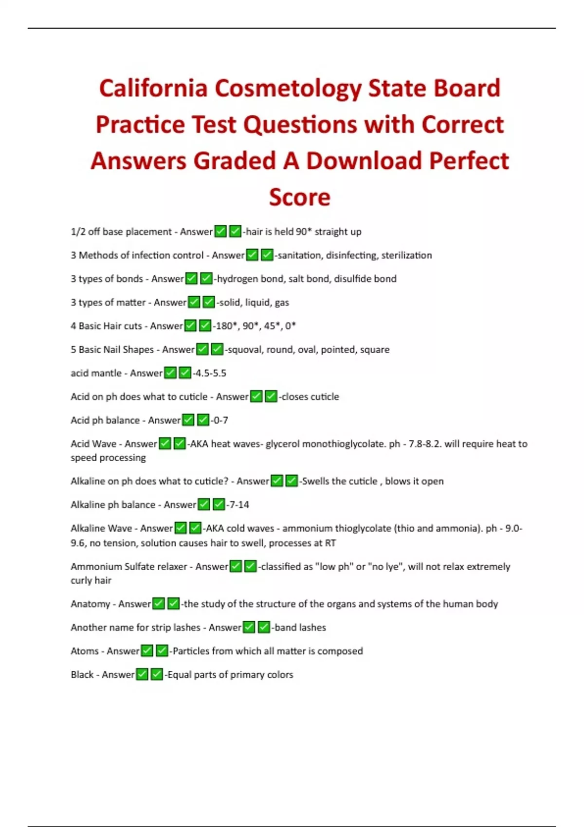 California Cosmetology State Board Practice Test Questions with Correct ...