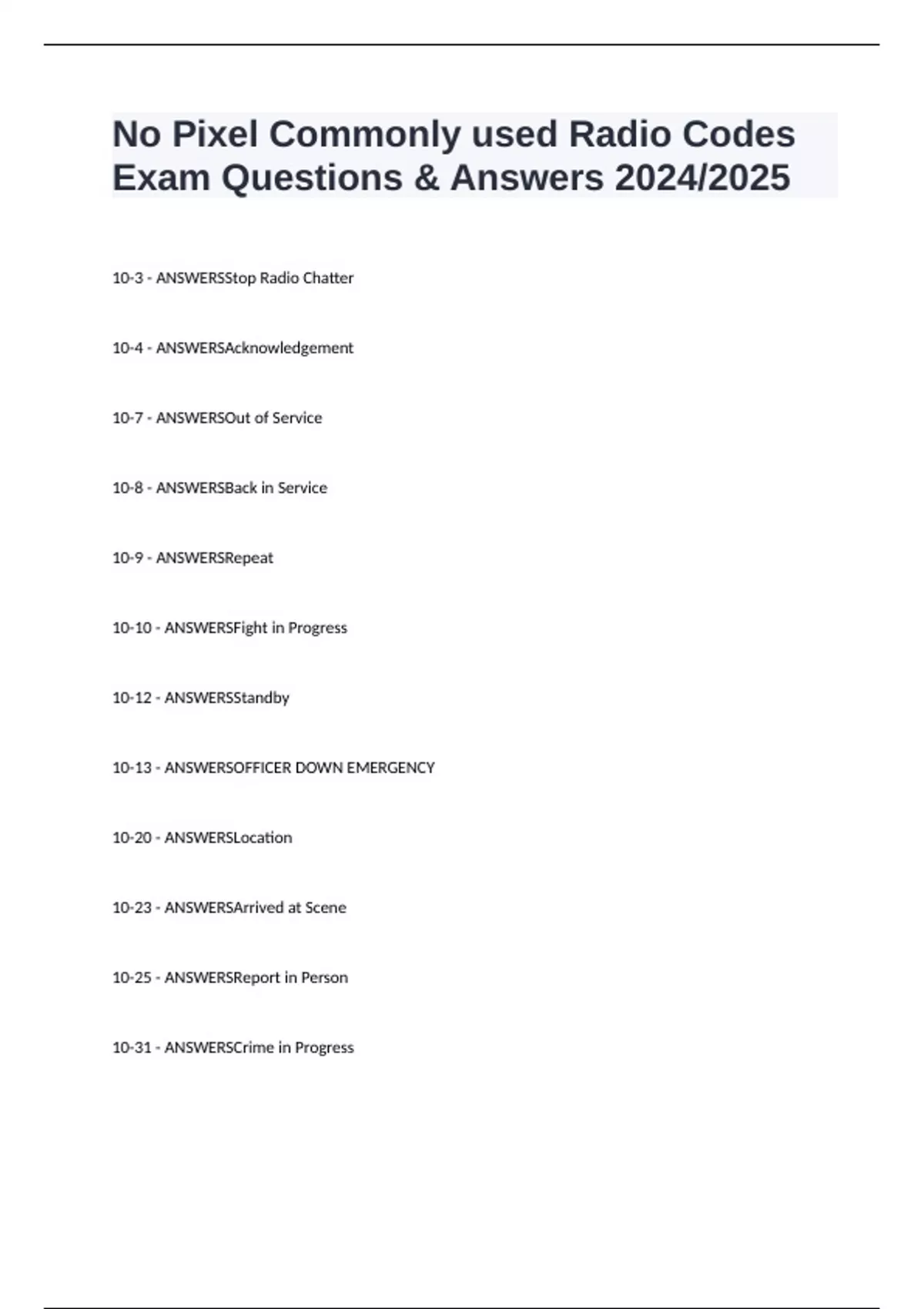 No Pixel Commonly used Radio Codes Exam Questions & Answers 2024/2025 ...