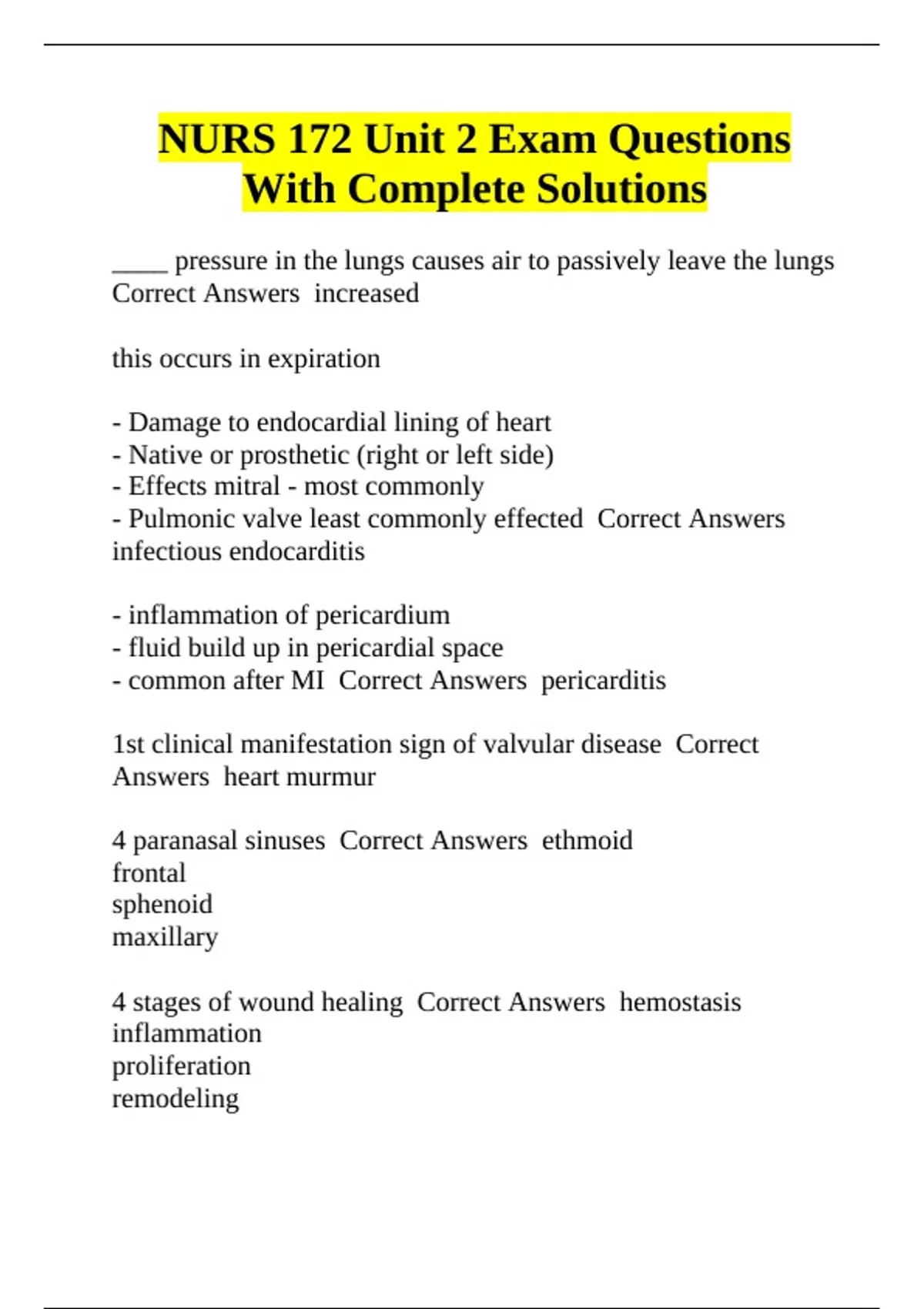 NURS 172 Unit 2 Exam Questions With Complete Solutions - Hondros NUR ...