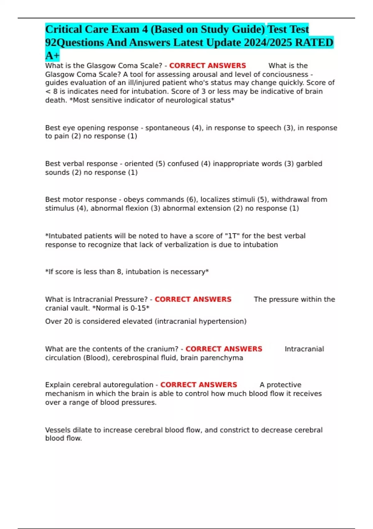 Critical Care Exam 4 (Based on Study Guide) Test Test 92Questions And ...