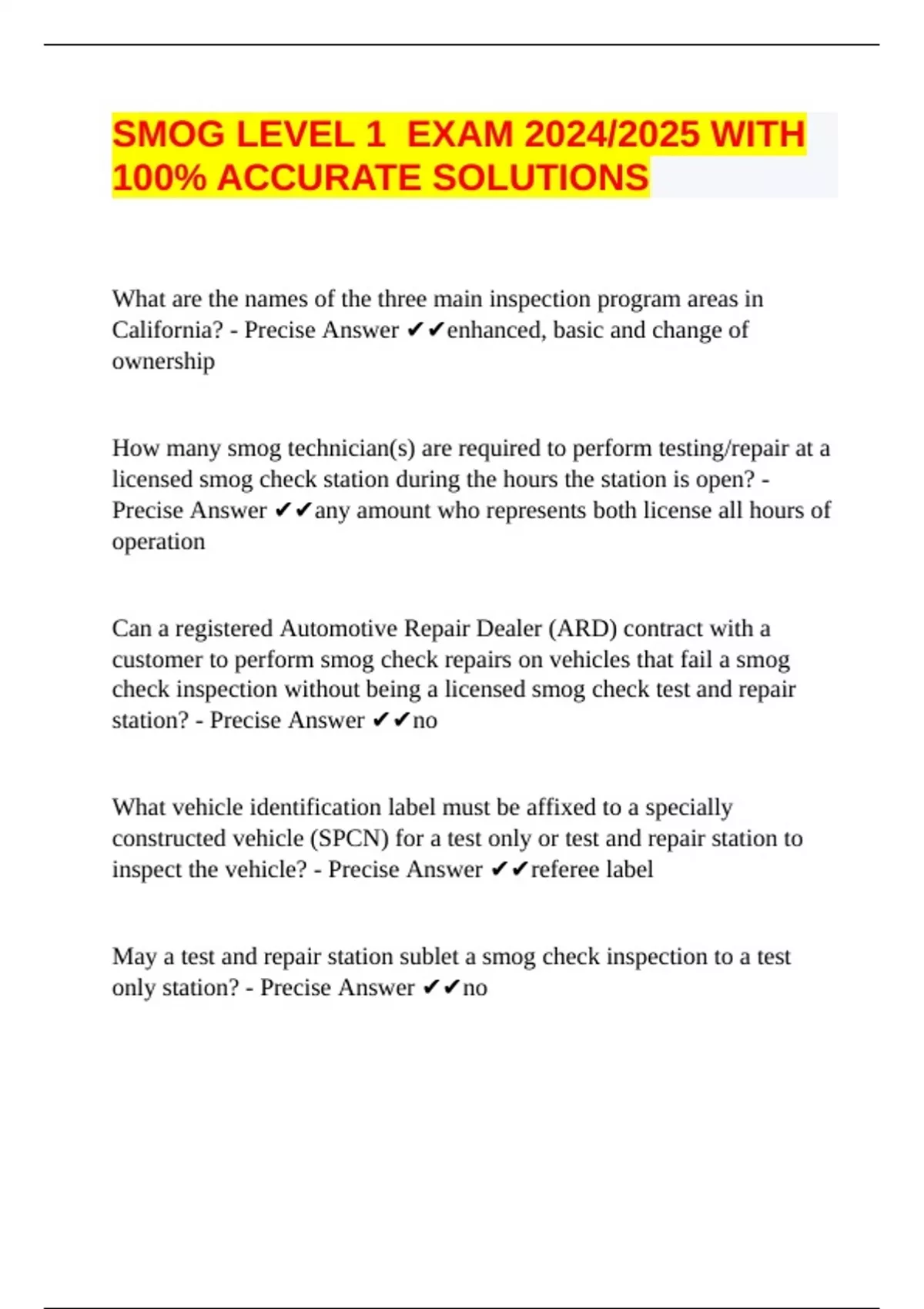 SMOG CHECK INSPECTOR EXAM CA 2024/2025 WITH 100% ACCURATE SOLUTIONS ...