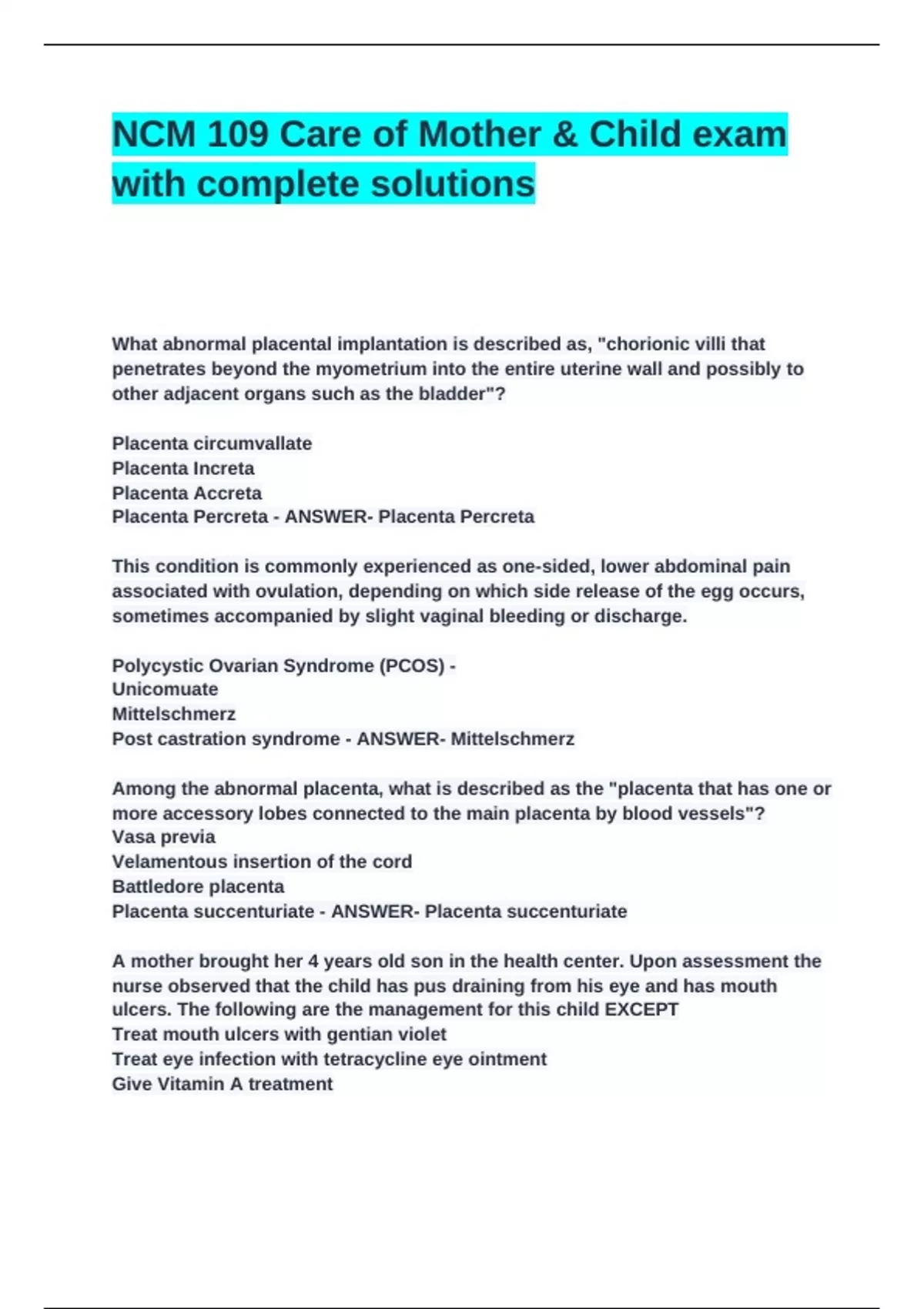 NCM 109 Care of Mother & Child exam with complete solutions - MCN 109 - Stuvia US