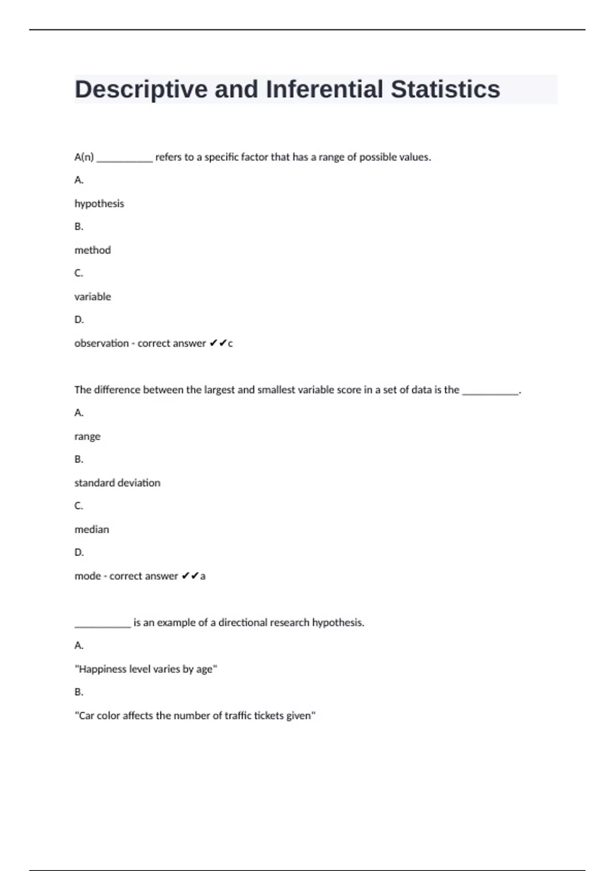 Descriptive and Inferential Statistics questions with correct answers ...