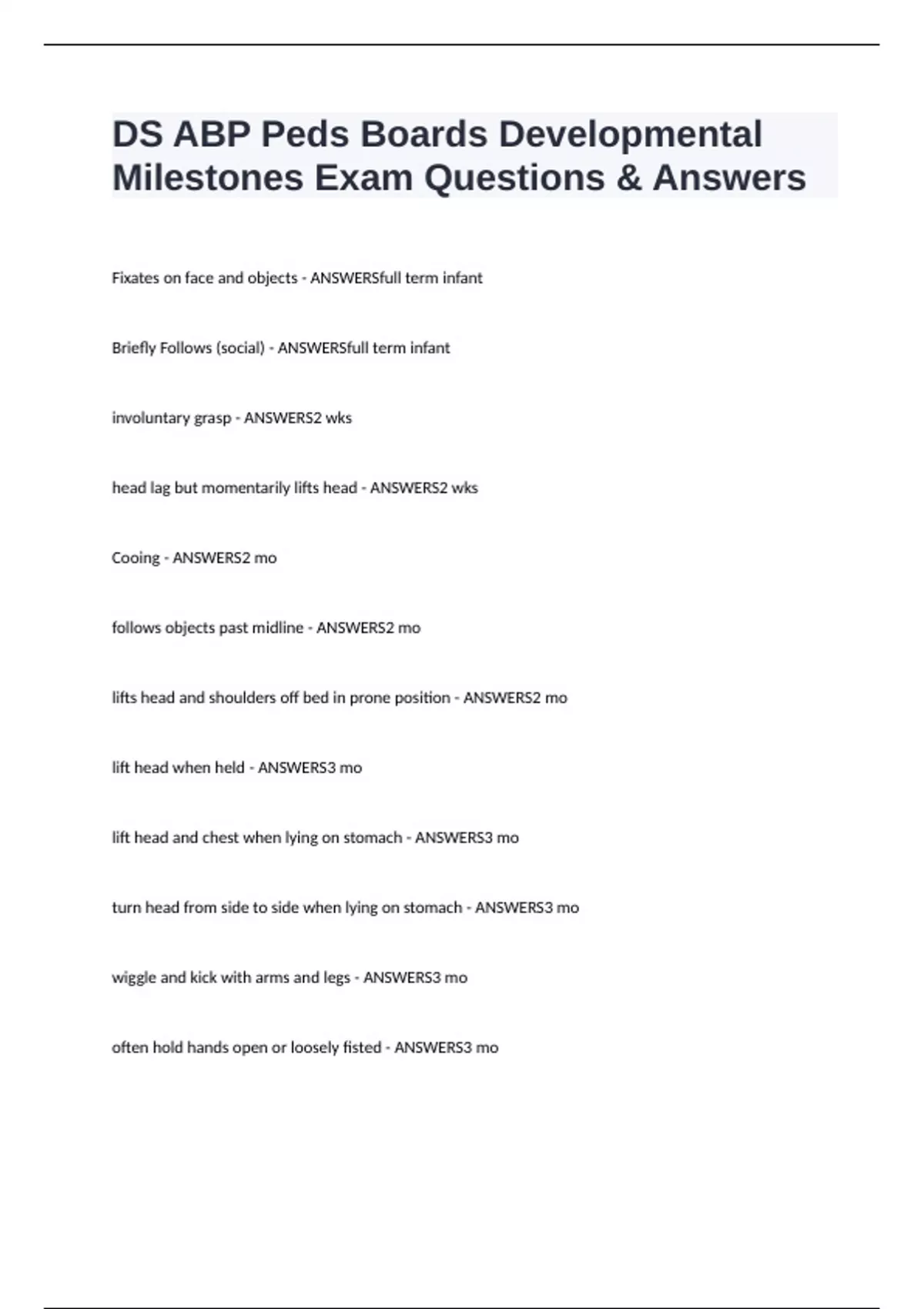 DS ABP Peds Boards Developmental Milestones Exam Questions & Answers ...