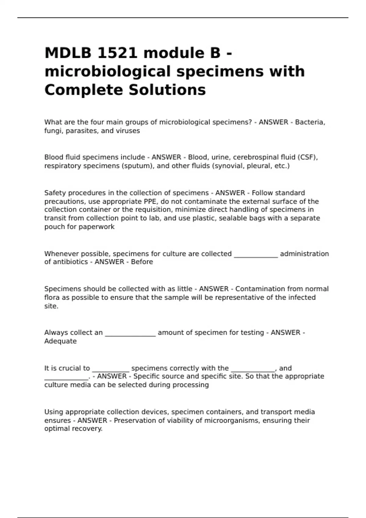 MDLB 1521 module B - microbiological specimens with Complete Solutions ...