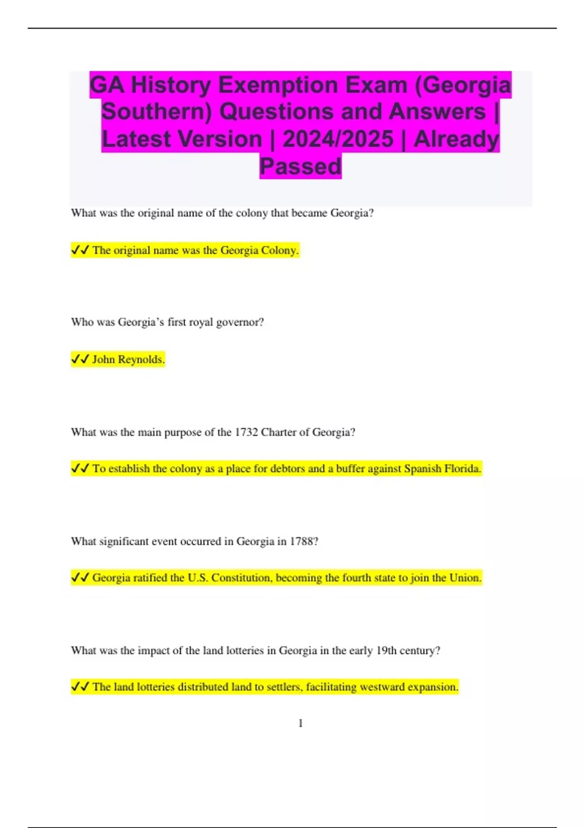 GA History Exemption Exam (Georgia Southern) Questions and Answers ...