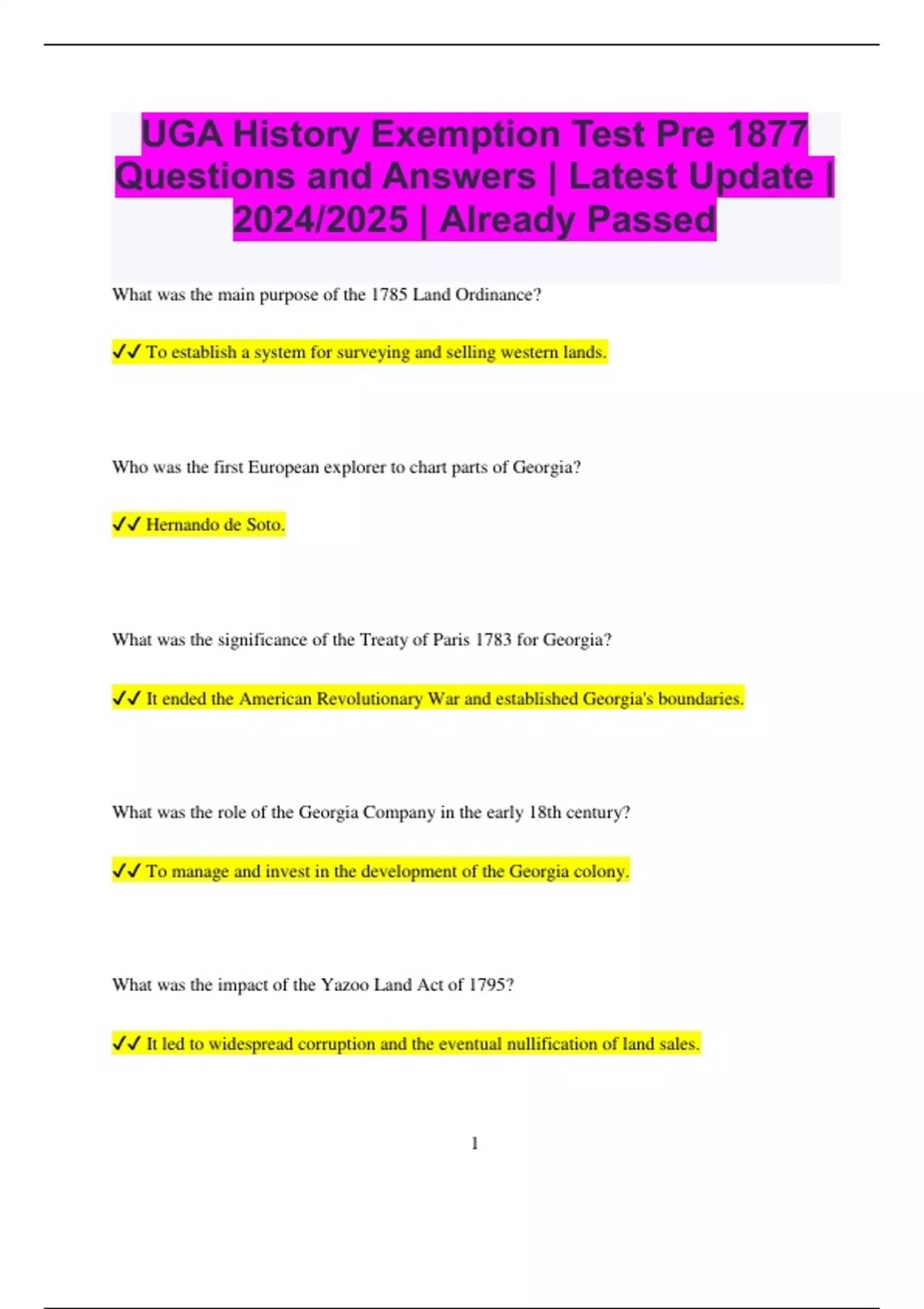 UGA History Exemption Test Pre 1877 Questions and Answers | Latest ...