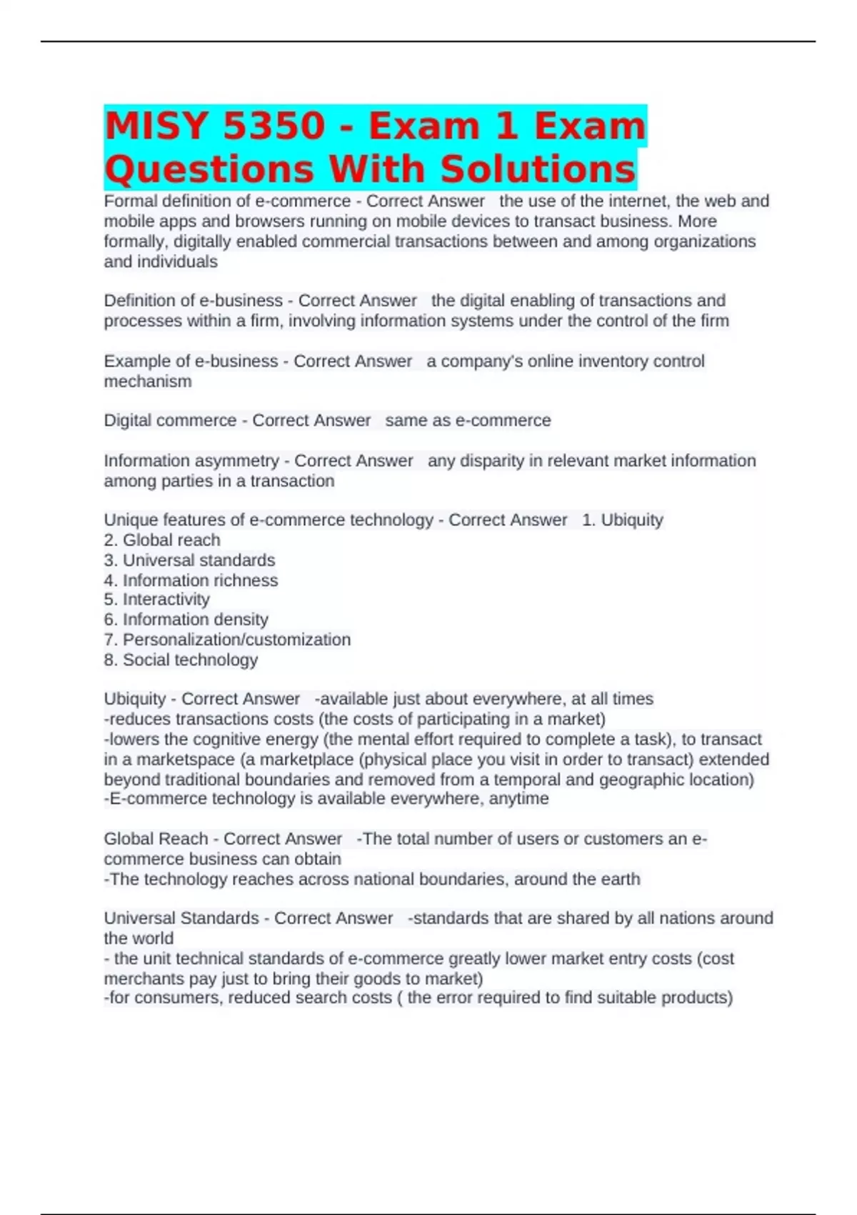 MISY 5350 - Exam 1 Exam Questions With Solutions - MISY - Stuvia US