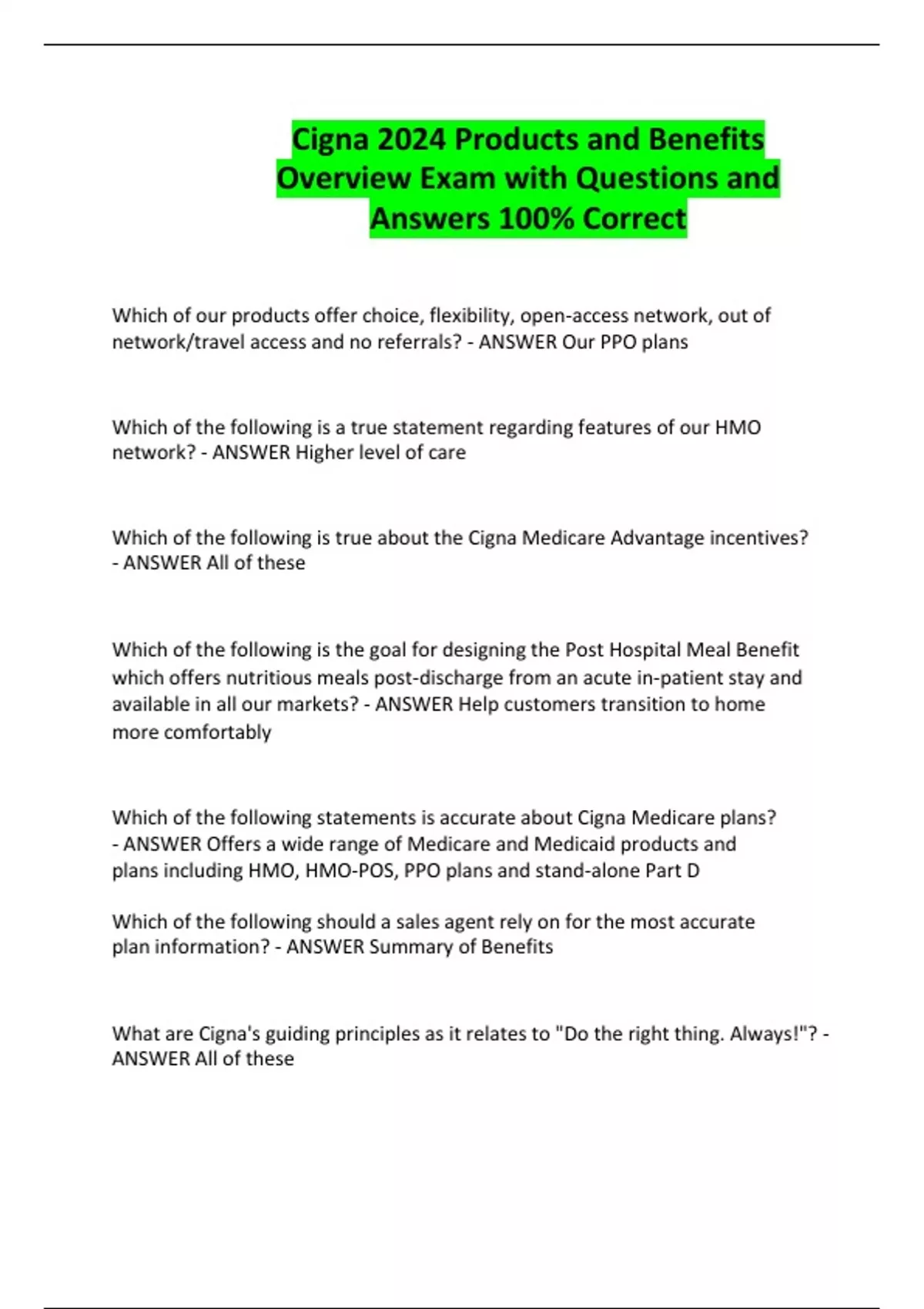 Cigna 2024 Products and Benefits Overview Exam with Questions and ...