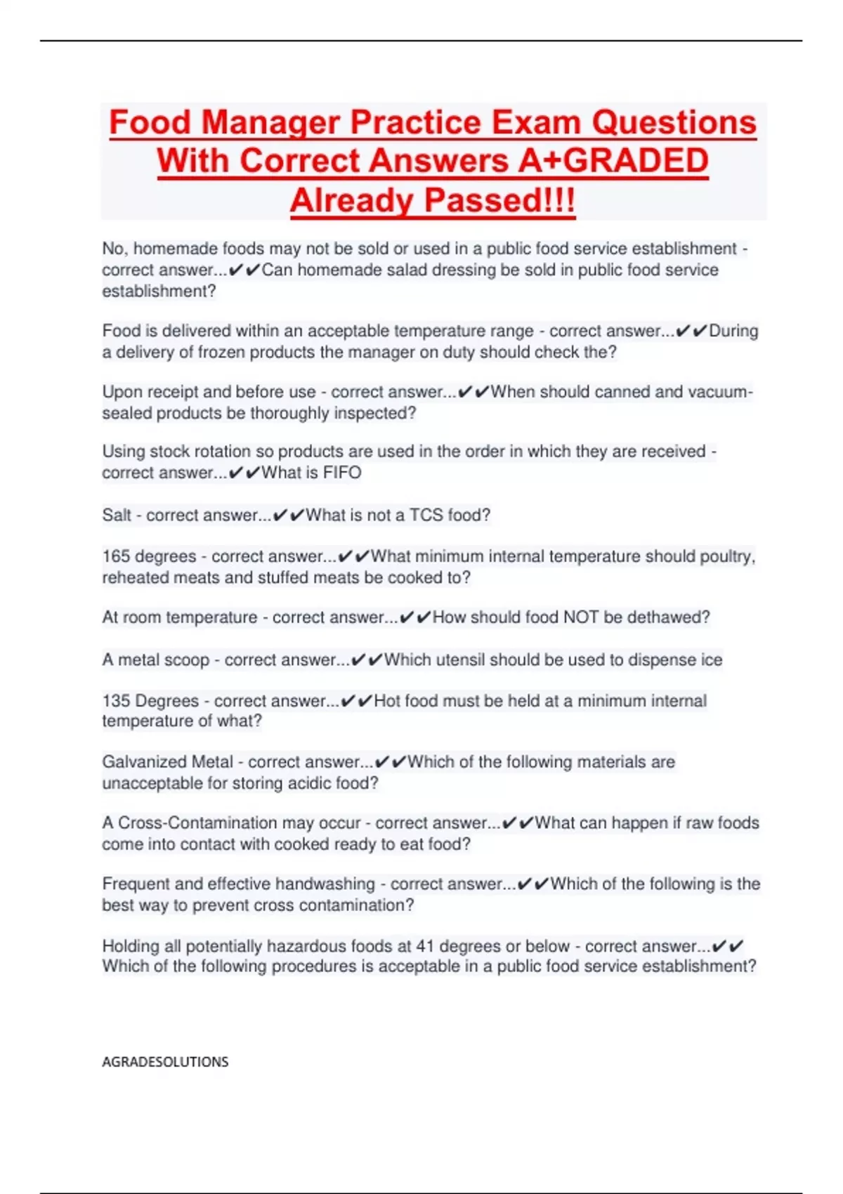 Food Manager Practice Exam Questions With Correct Answers A+GRADED ...