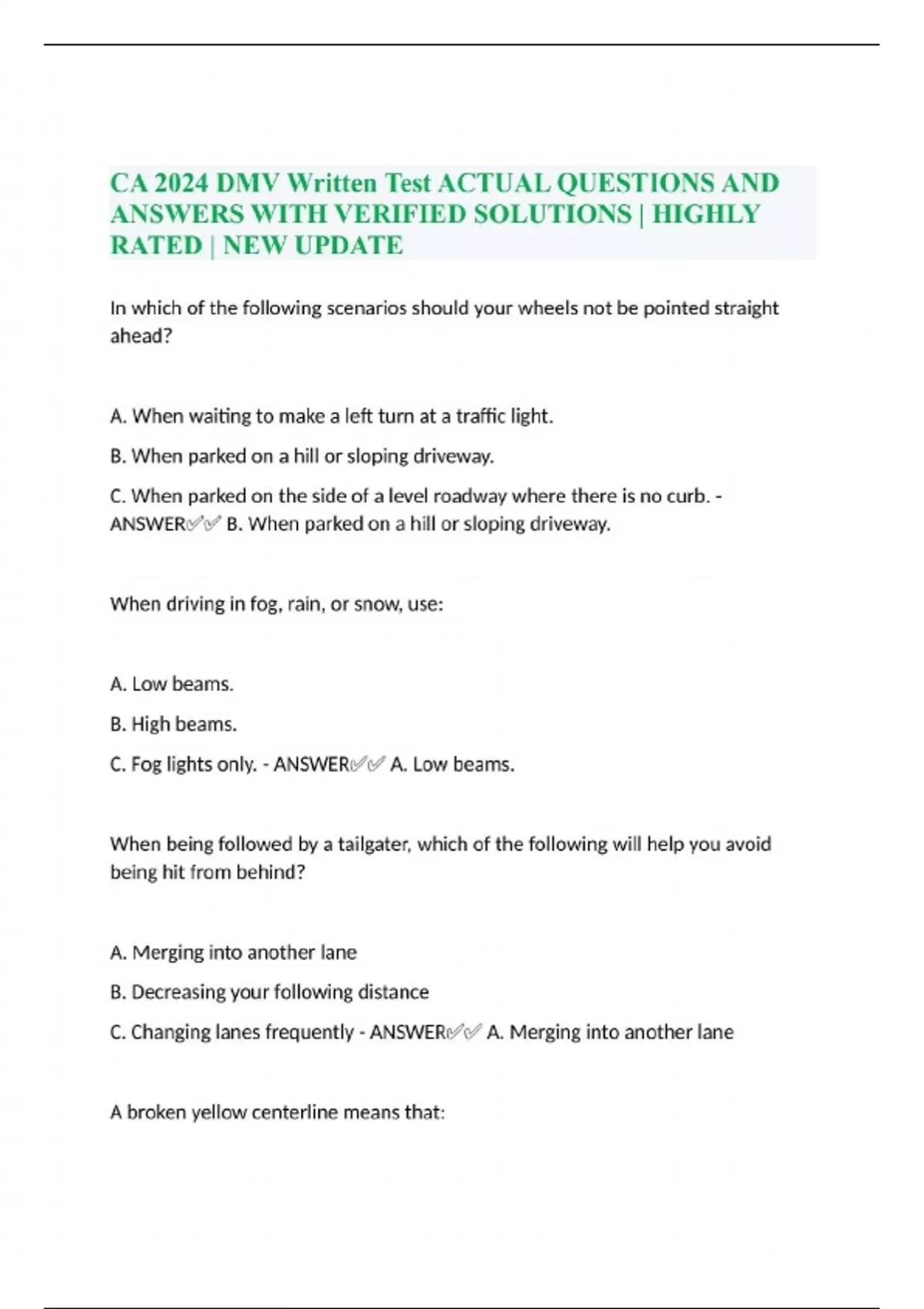 CA 2024 DMV Written Test ACTUAL QUESTIONS AND ANSWERS WITH VERIFIED ...