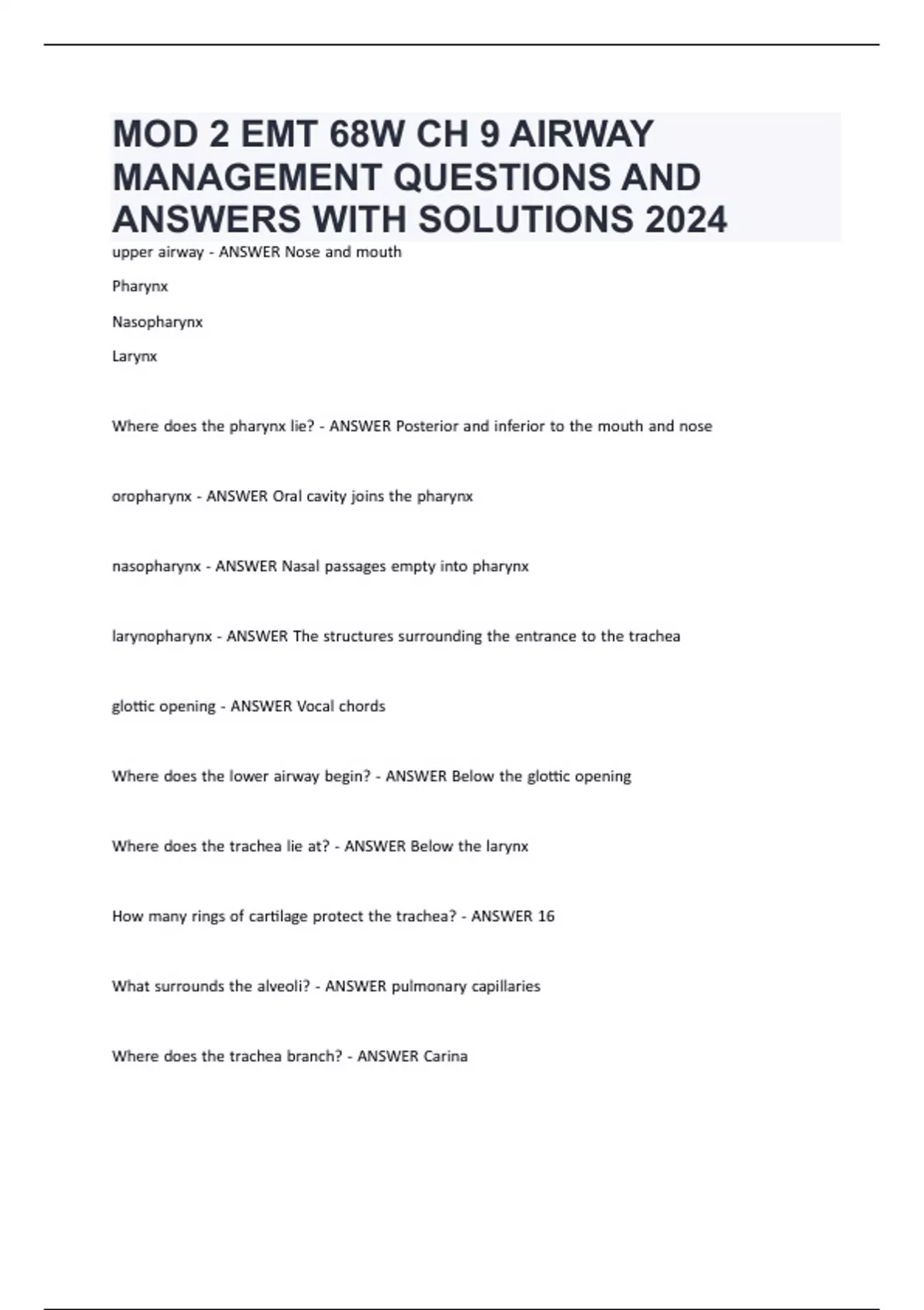 MOD 2 EMT 68W CH 9 AIRWAY MANAGEMENT QUESTIONS AND ANSWERS WITH SOLUTIONS 2024 - LPC - Stuvia US