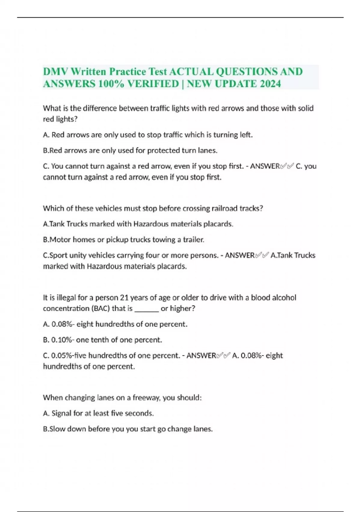 DMV Written Practice Test ACTUAL QUESTIONS AND ANSWERS 100% VERIFIED ...