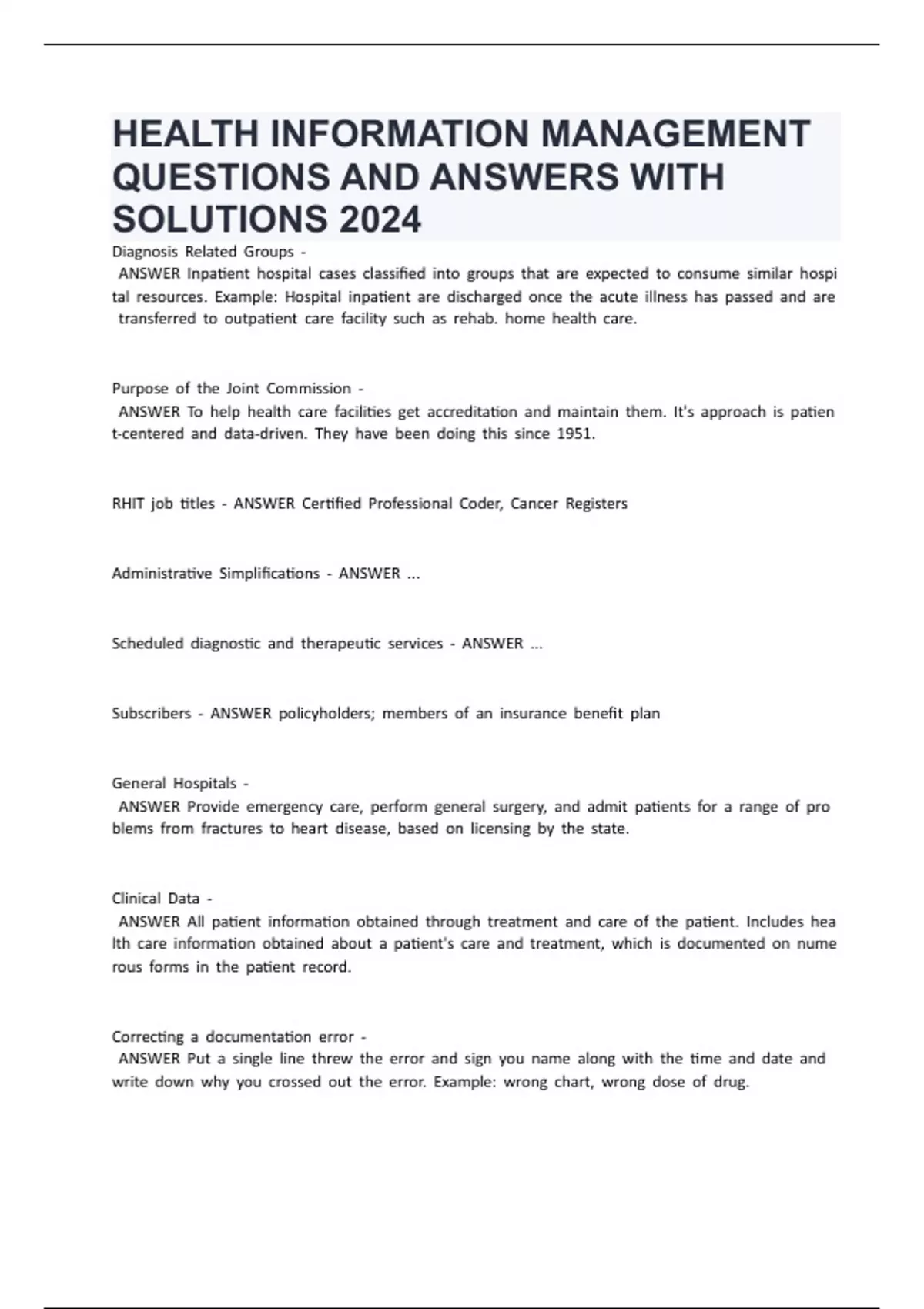 HEALTH INFORMATION MANAGEMENT QUESTIONS AND ANSWERS WITH SOLUTIONS 2024 ...