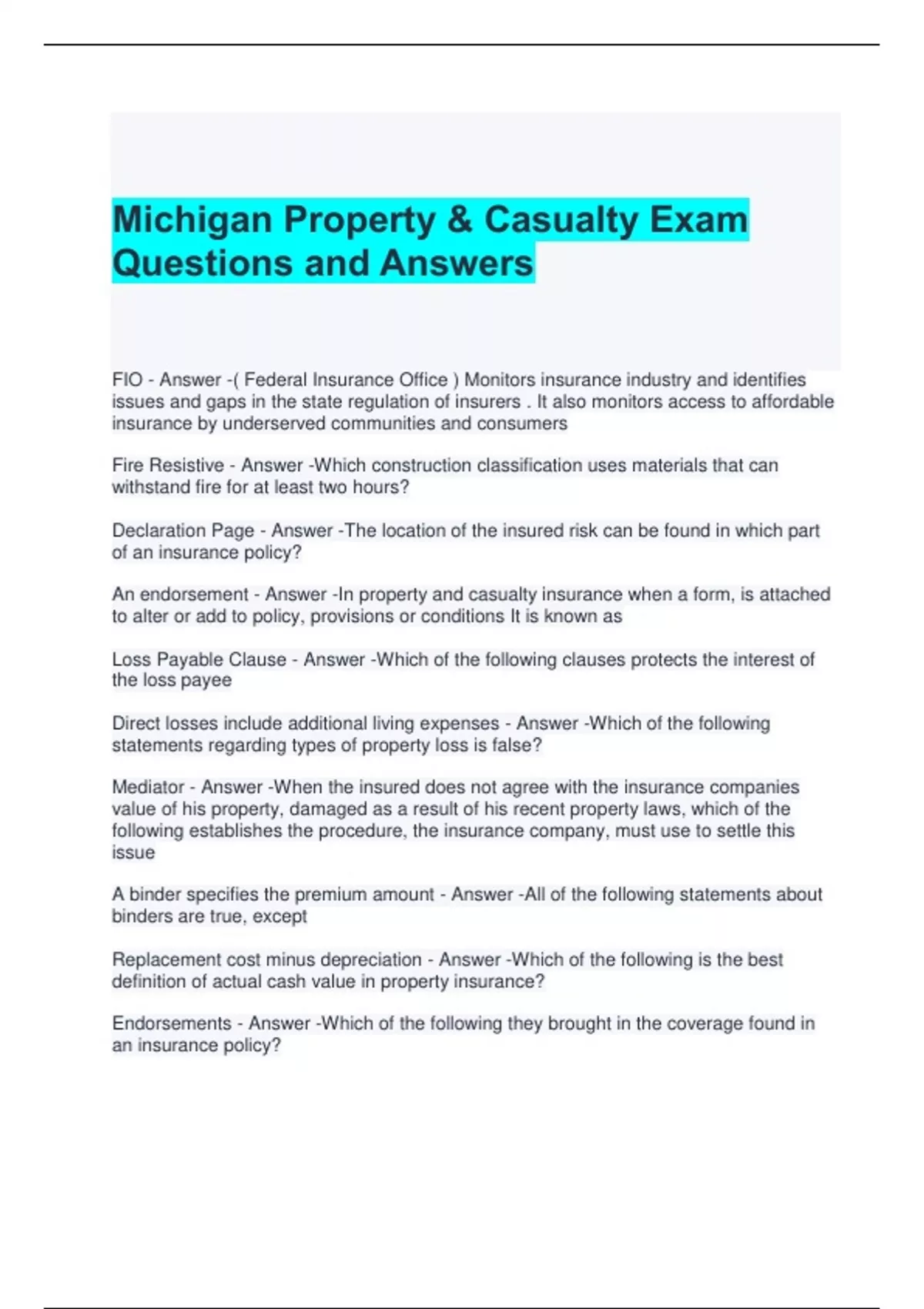 Michigan Property & Casualty Exam Questions and Answers 100% correct ...