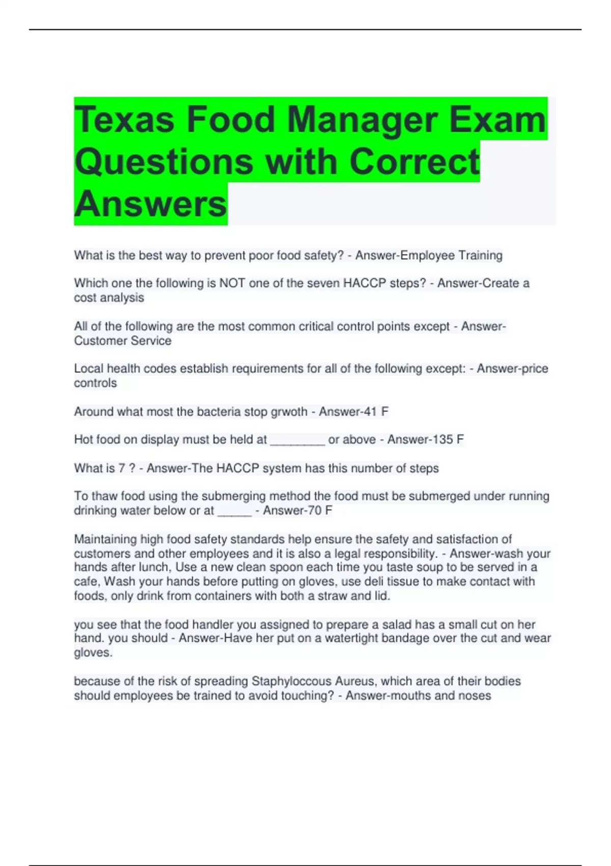 Texas Food Manager Exam Questions with Correct Answers - Texas Food ...