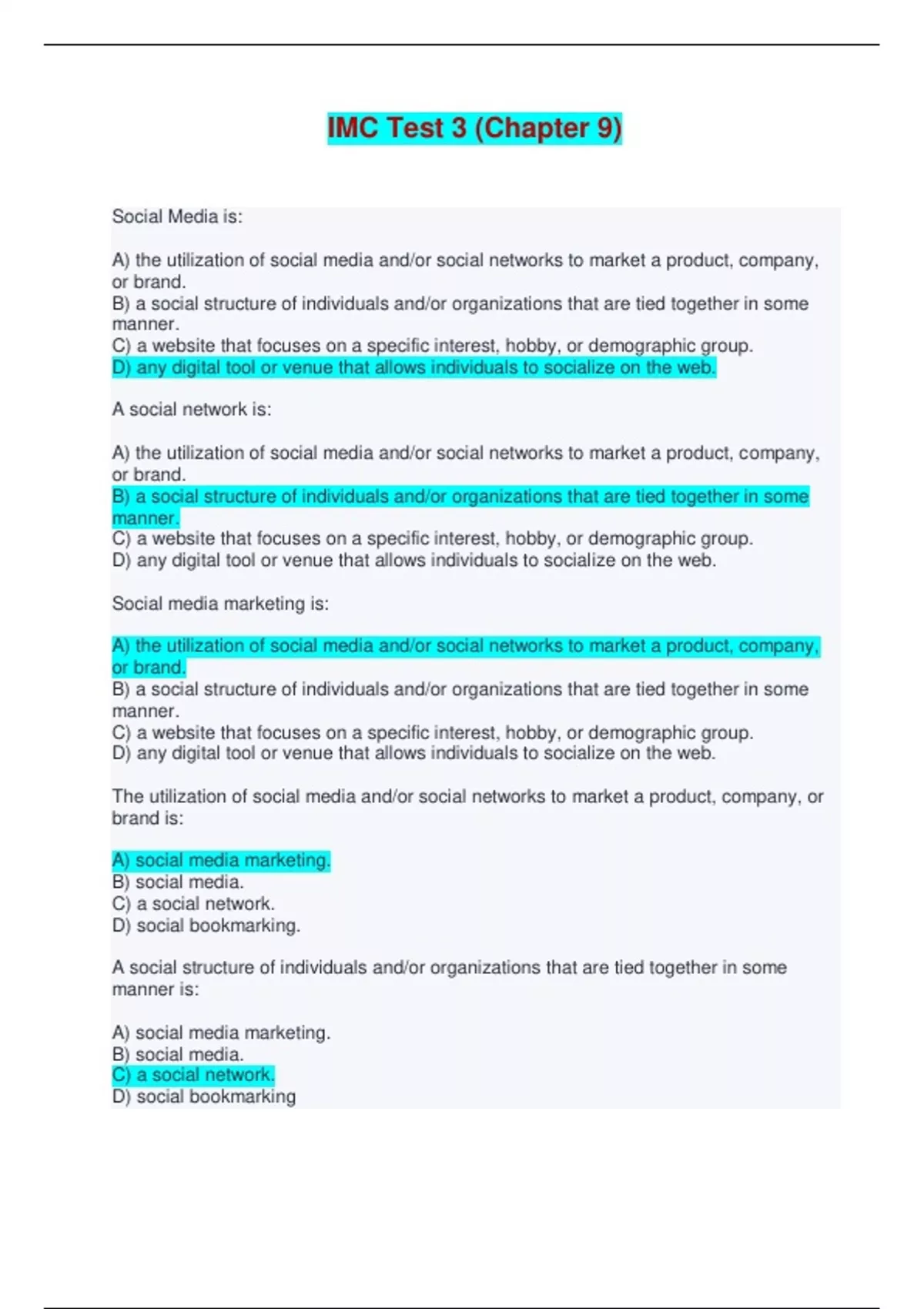 IMC Test 3 (Chapter 9) | Questions and Answers - IMC - Stuvia US