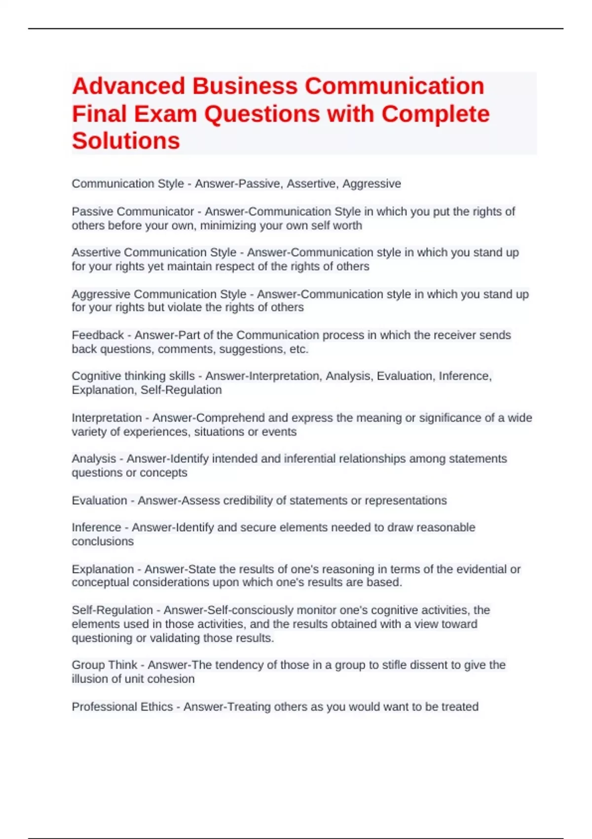 Advanced Business Communication Final Exam Questions with Complete Solutions - Business ...