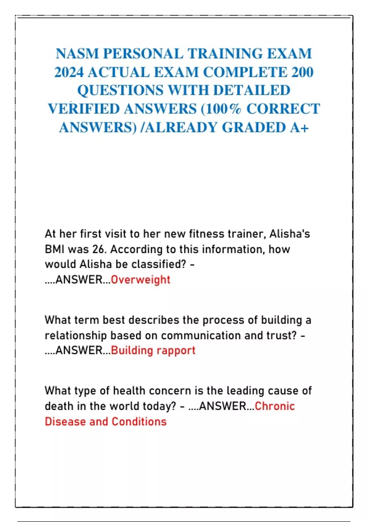 NASM PERSONAL TRAINING EXAM 2024 ACTUAL EXAM COMPLETE 200 QUESTIONS ...