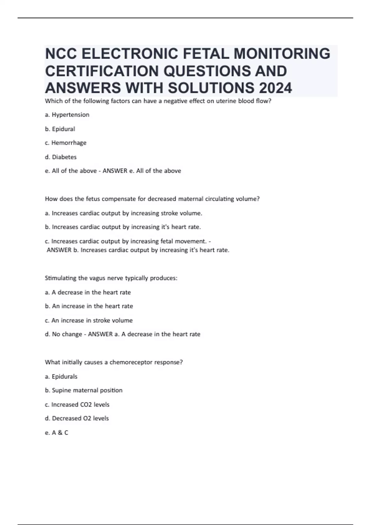 NCC ELECTRONIC FETAL MONITORING CERTIFICATION QUESTIONS AND ANSWERS WITH SOLUTIONS 2024 - NCC ...