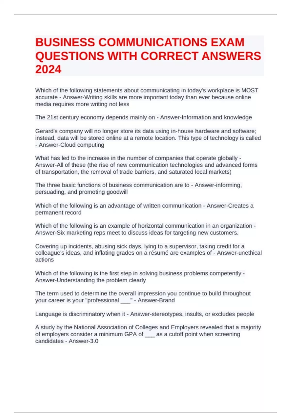 BUSINESS COMMUNICATIONS EXAM QUESTIONS WITH CORRECT ANSWERS 2024 ...