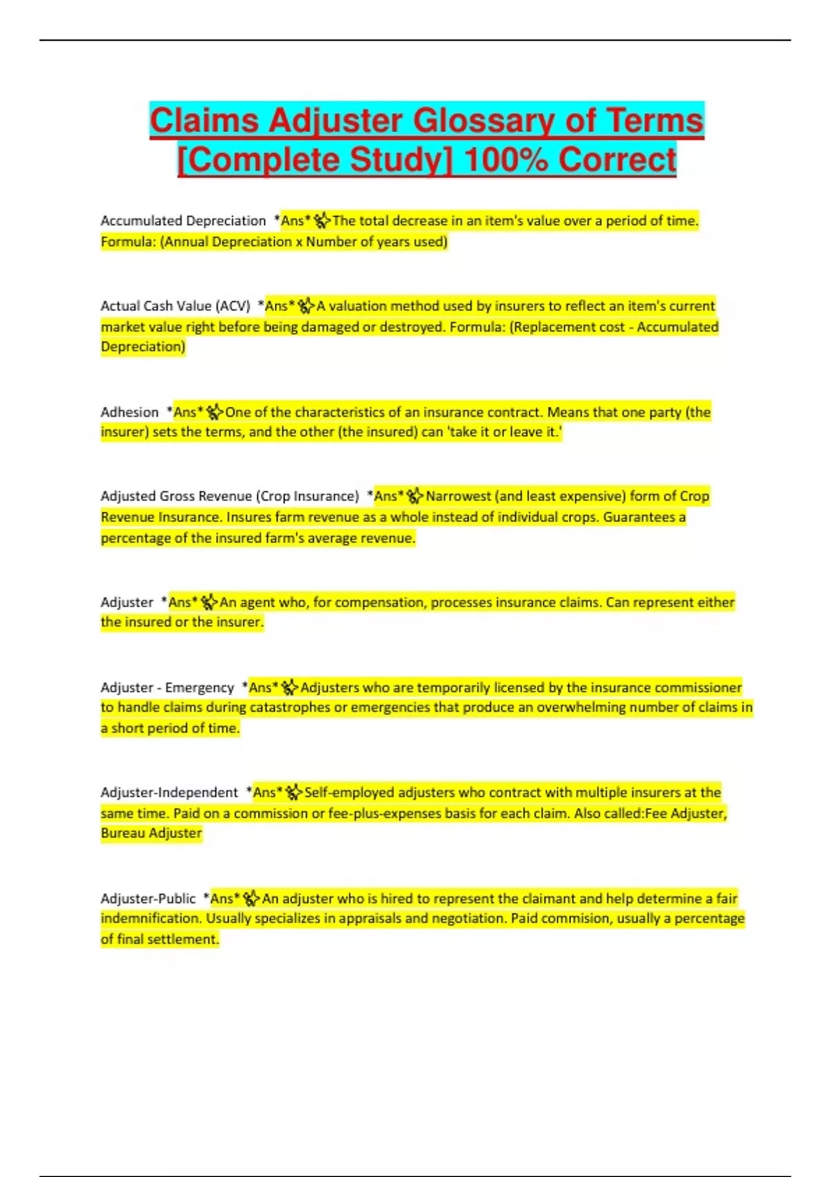 Claims Adjuster Glossary of Terms [Complete Study] 100% Correct ...