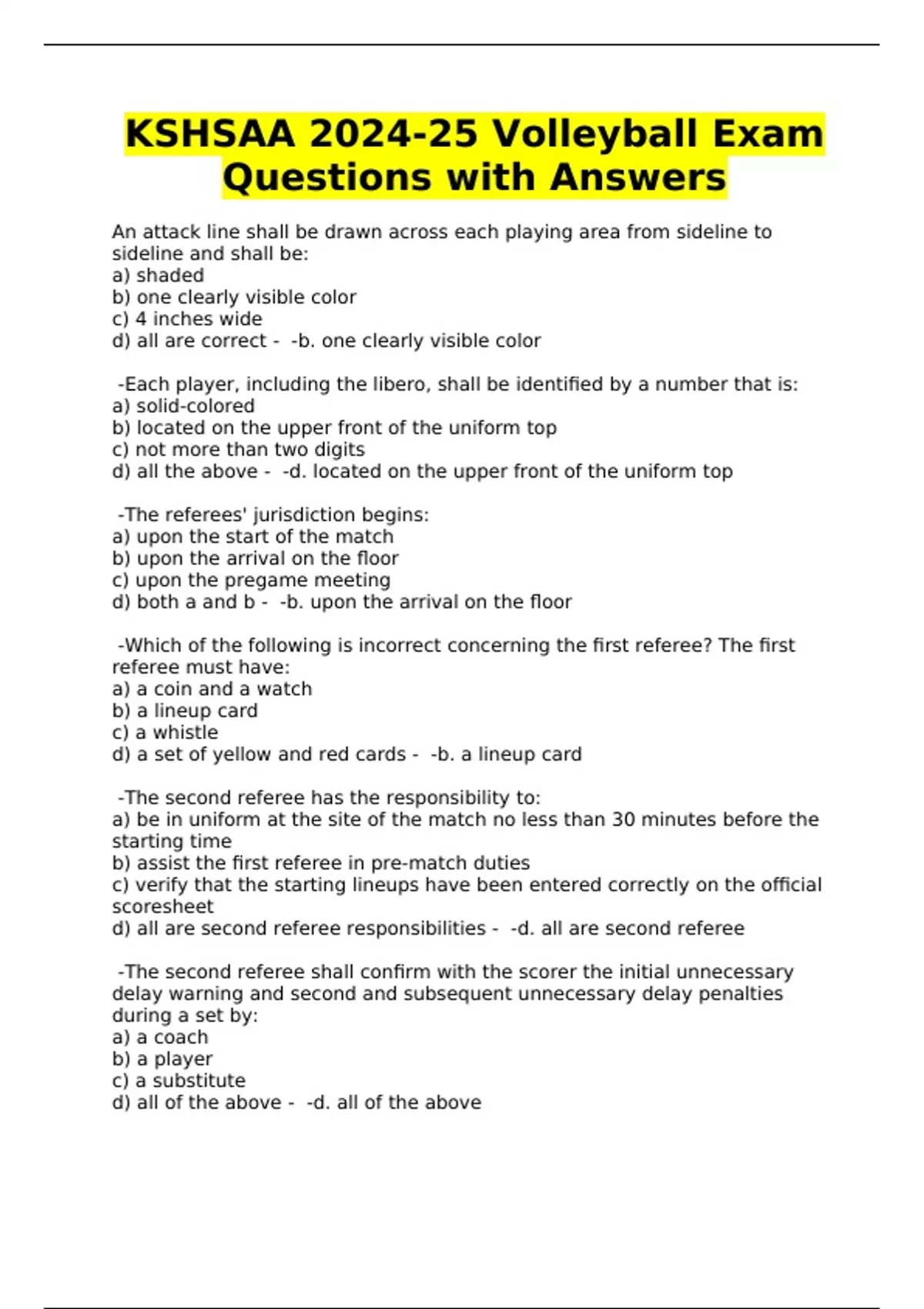 KSHSAA 2024-25 Volleyball Exam Questions with Answers - KSHSAA 2024-25 ...