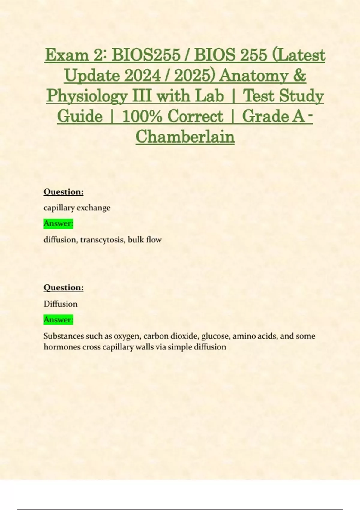 Exam 2: BIOS255 / BIOS 255 Anatomy & Physiology III with Lab (Latest ...