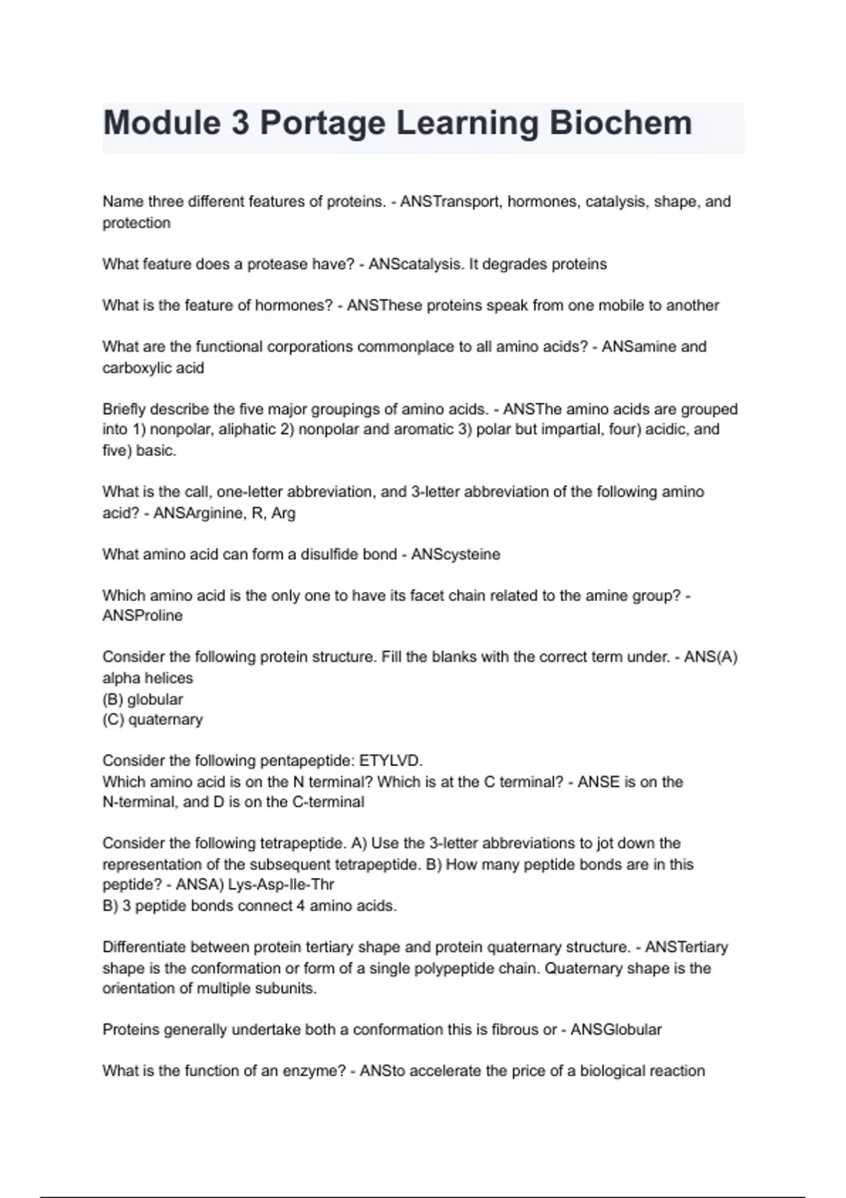 Module 3 Portage Learning Biochem questions and answers rated A+ 2024/ ...