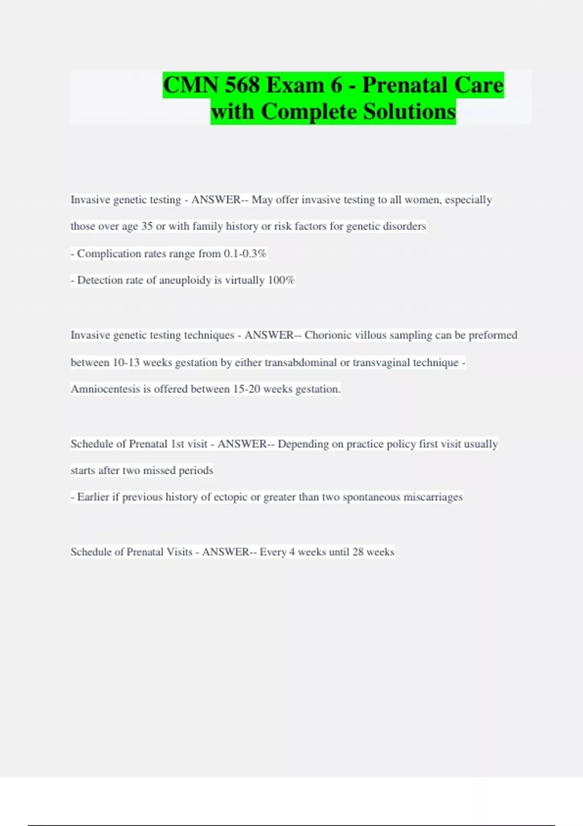 CMN 568 Exam 6 - Prenatal Care with Complete Solution - CMN 568 - Stuvia US